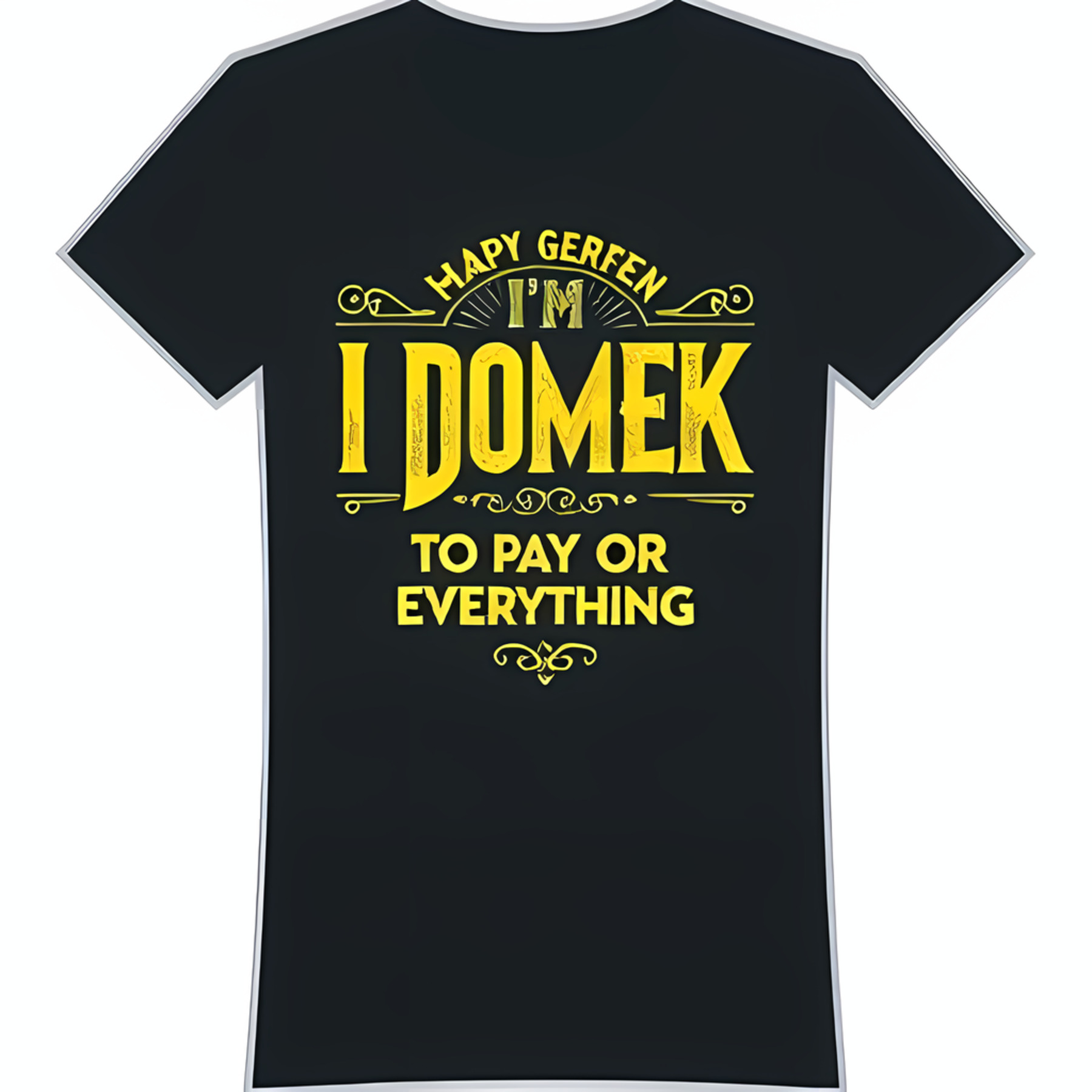 Black T-Shirt with Yellow Swirly Graphic Design 'Happy Gerfen I'm I ...