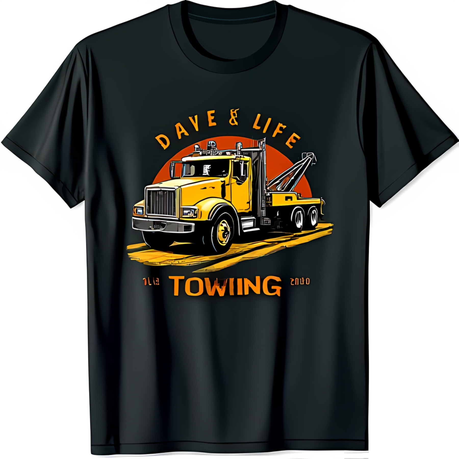 Black T-Shirt with Yellow Tow Truck Design and Red Sun DAVE & LIFE ...