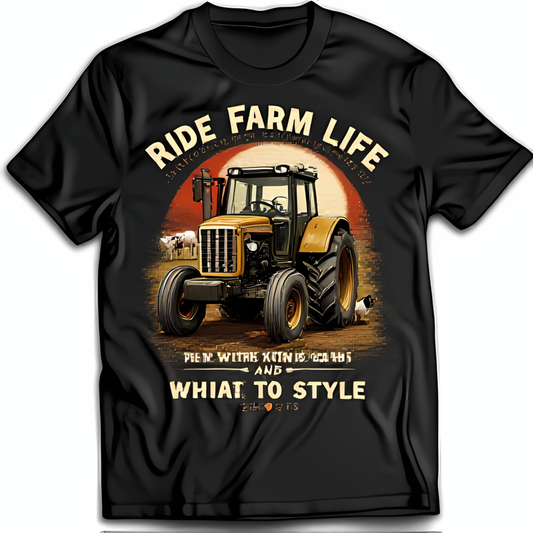 Black T-Shirt with Yellow Tractor Design Cows & Dog 'Ride Farm Life ...