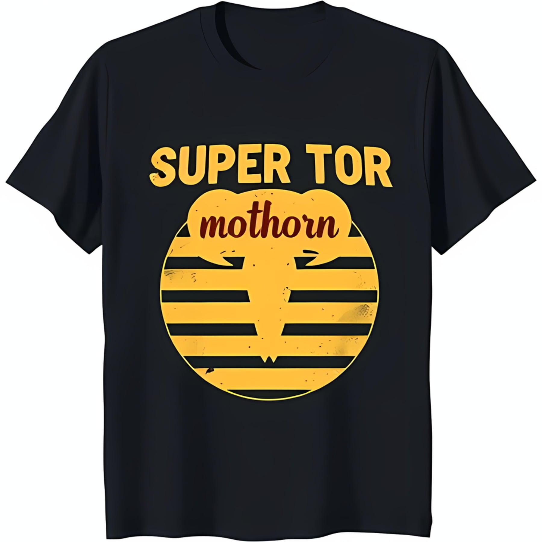 Black T-Shirt with Yellow 's Head Design & 'SUPER TOR mothorn' Text ...