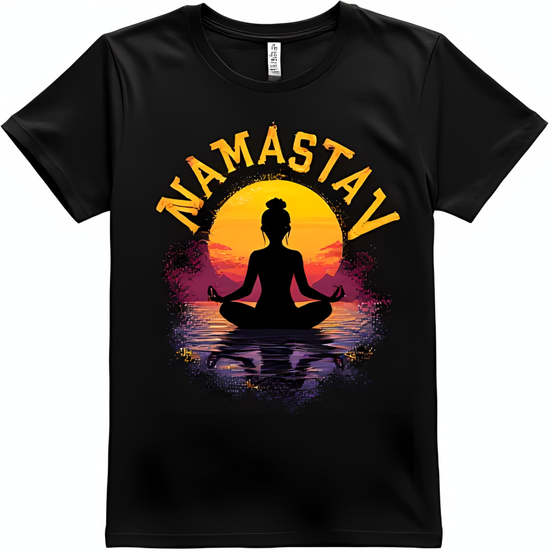 Black T-Shirt with Yoga Woman Graphic & 'Namaste' Text for Mindfulness ...