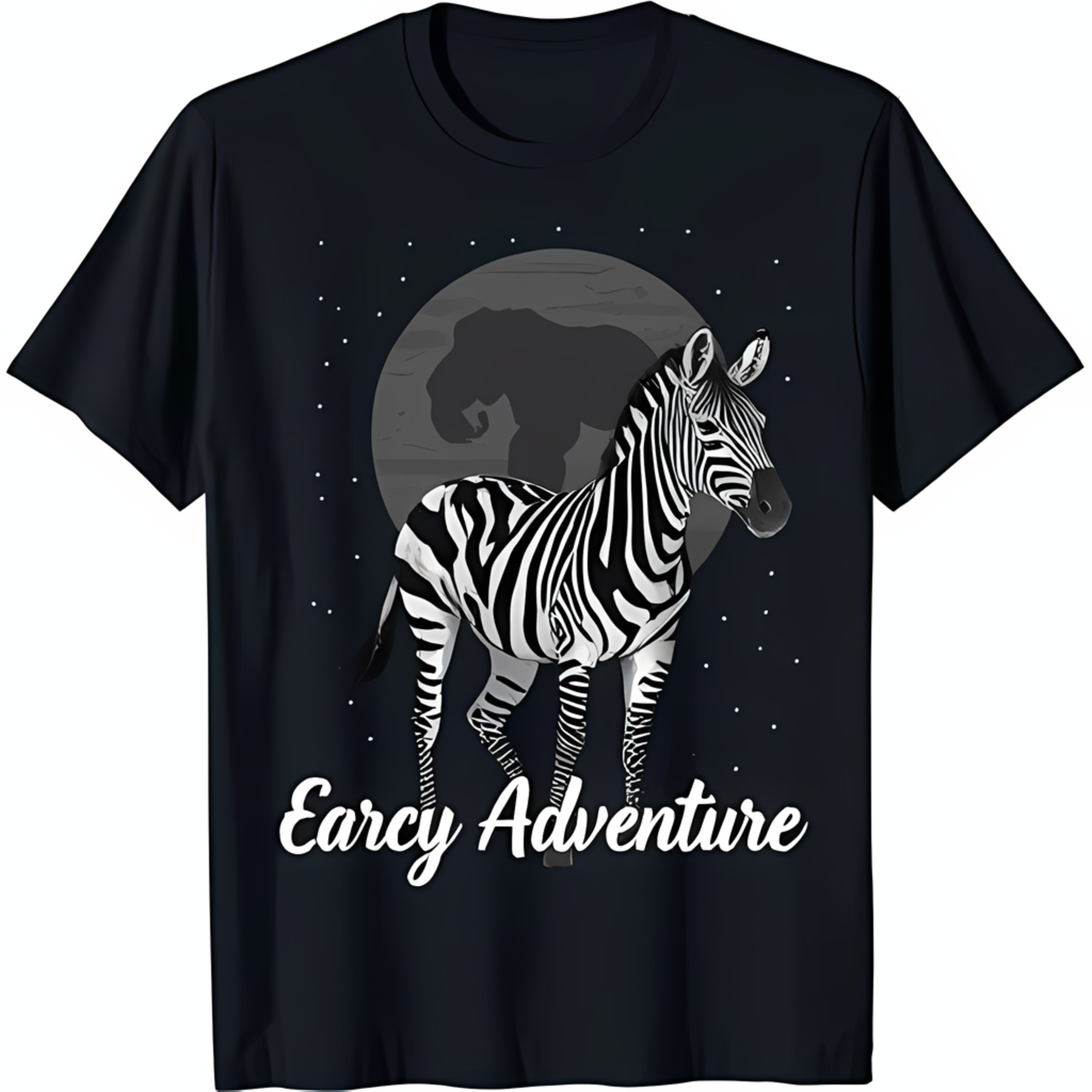 Black T-Shirt with Zebra and Elephant Graphic 'Earcy Adventure' Design ...