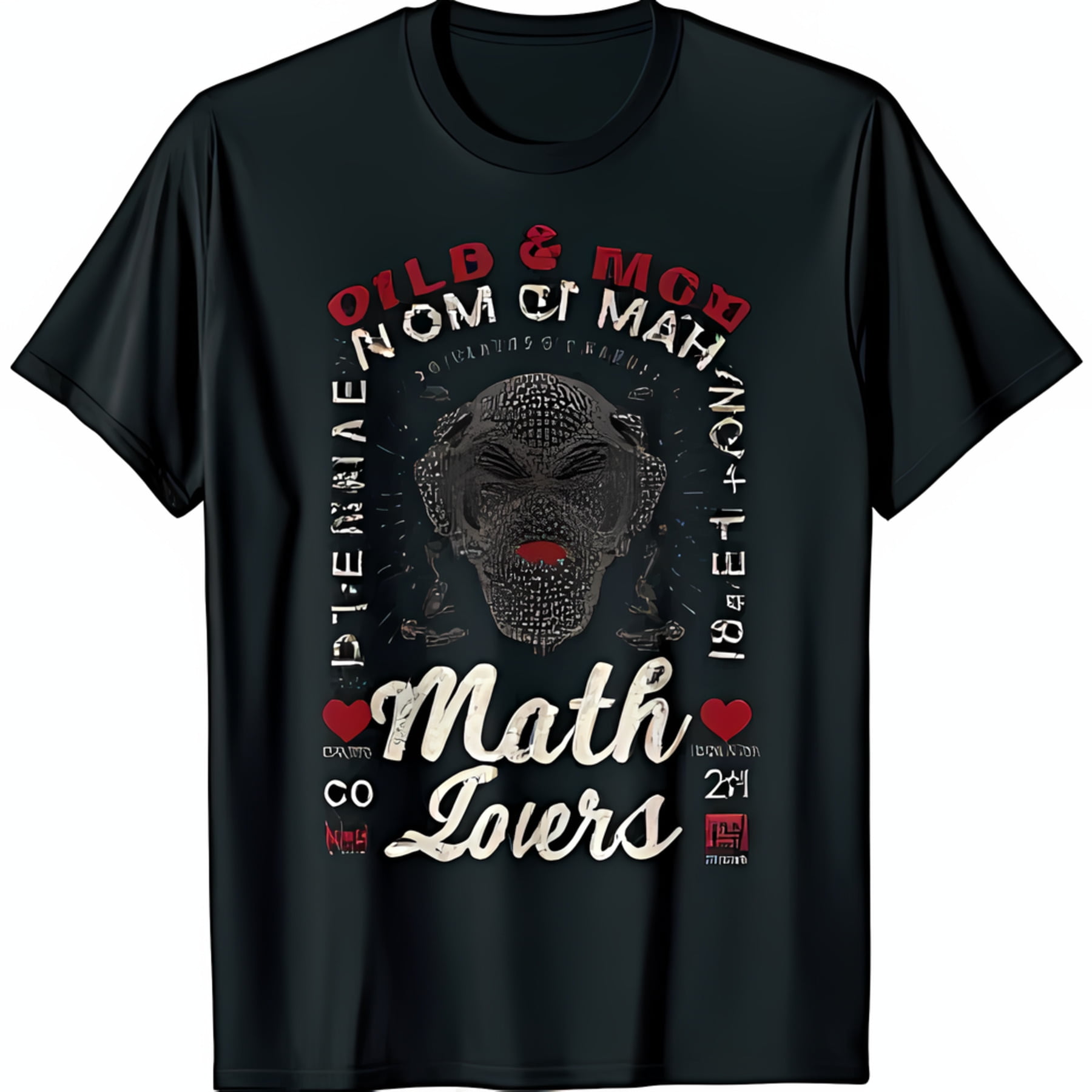 Black T-Shirt with and Pattern Graphic Old & McD Nom Ci Mah Math Lovers Design with Hearts ...