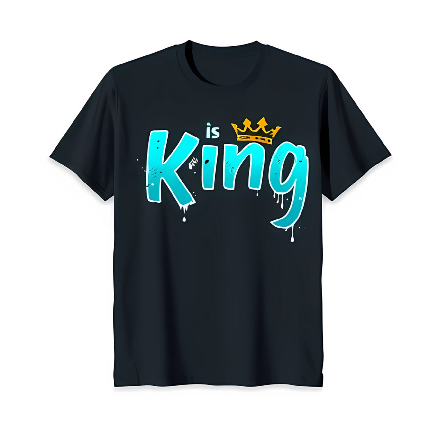 Black T-Shirt with 'is King' Graphic in Blue & Gold Crown Dripping ...