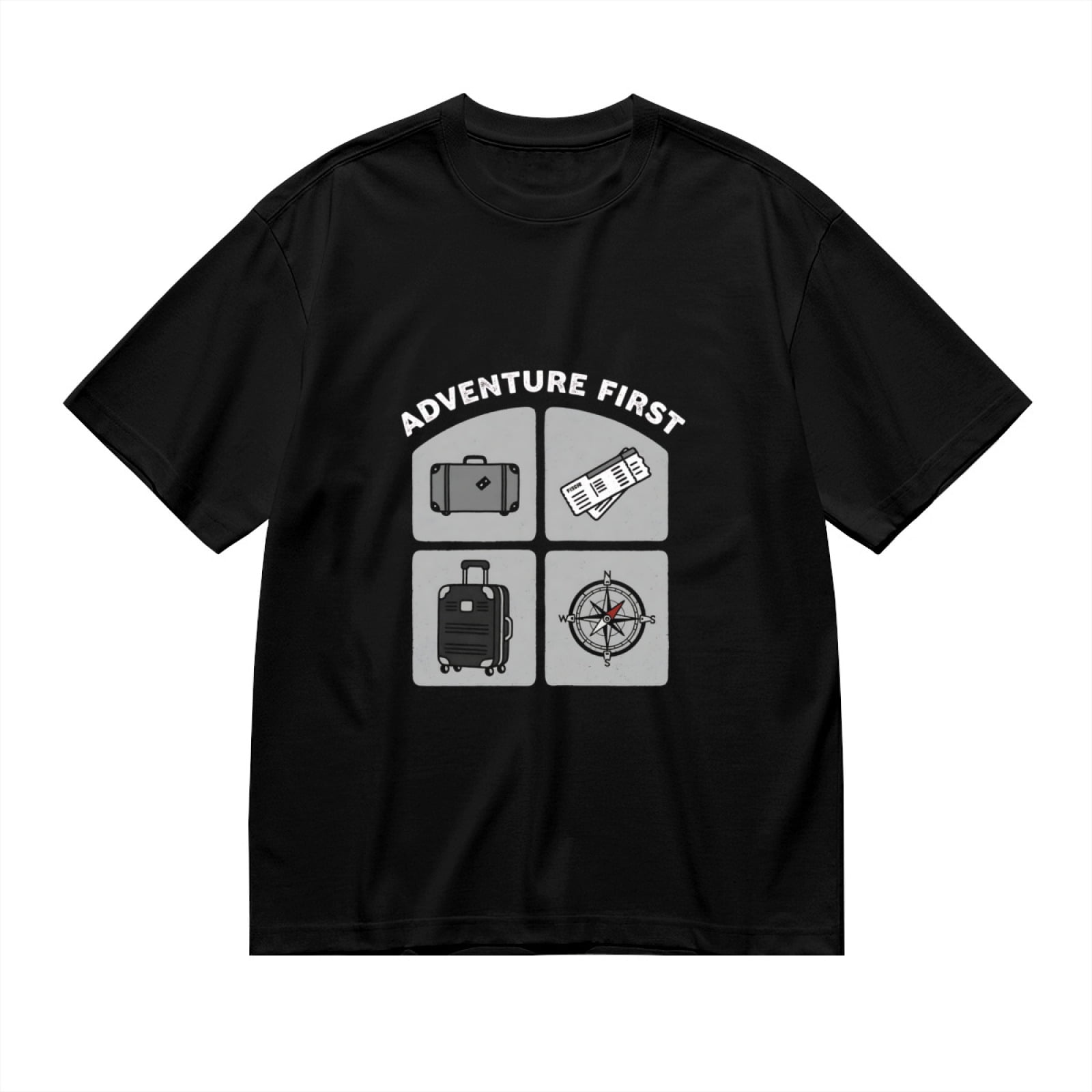 Black T Shirts for Men, Adventure First Travel Icons Graphic Mens ...