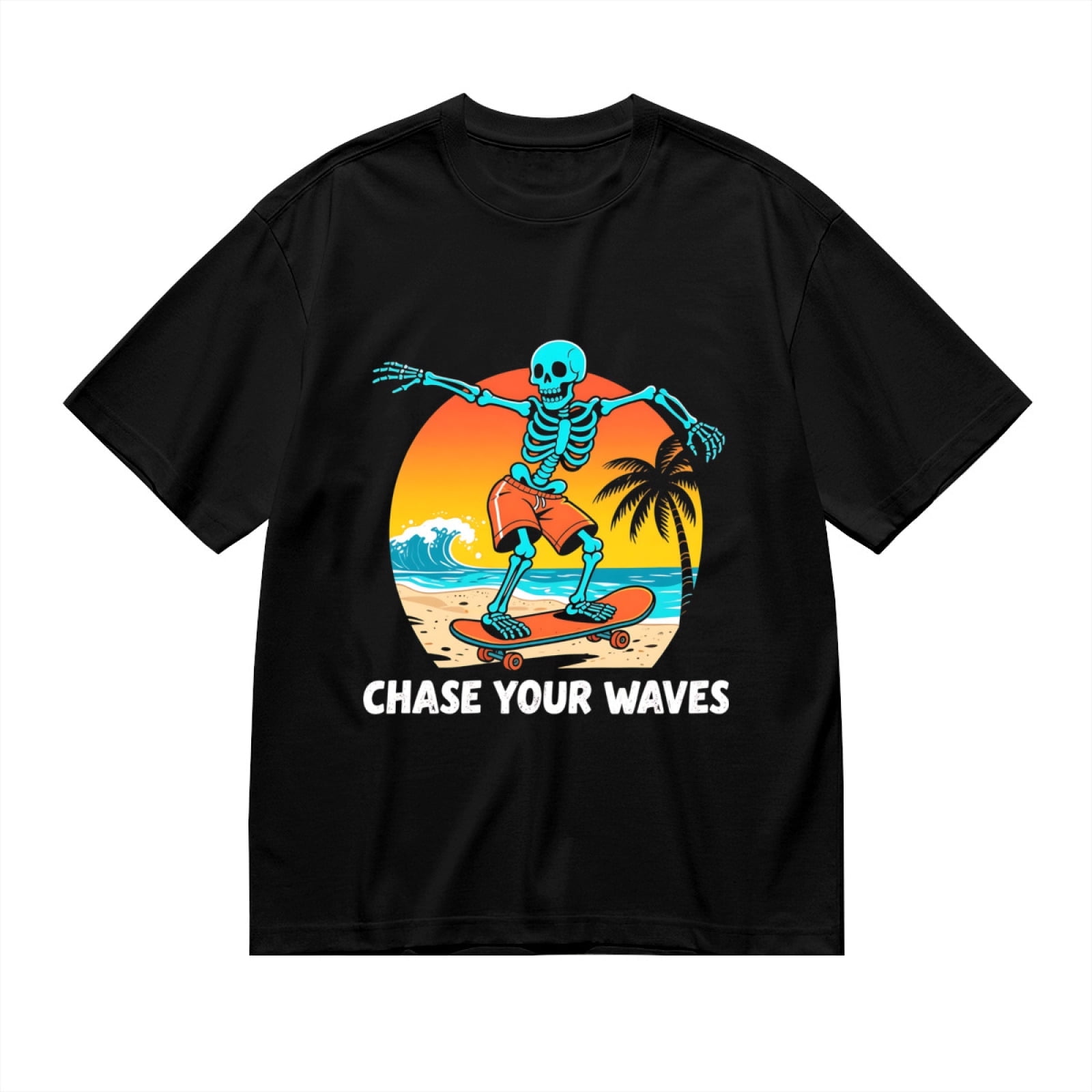 Black T Shirts for Men, Chase Your Waves, Surfing Skull Print 1 Mens ...