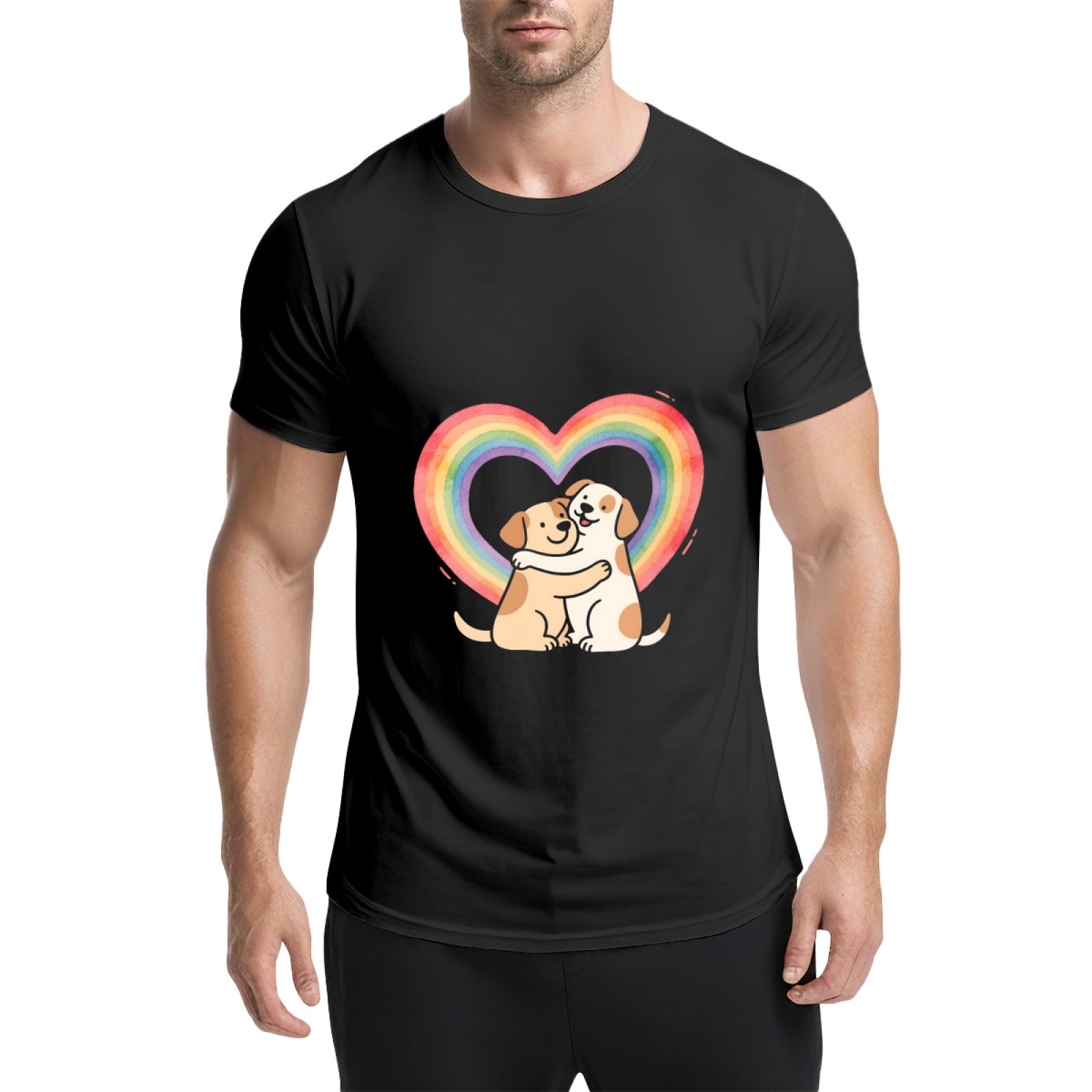 Black T Shirts for Men, Dogs, Hugging, Rainbow Heart Graphic Mens ...