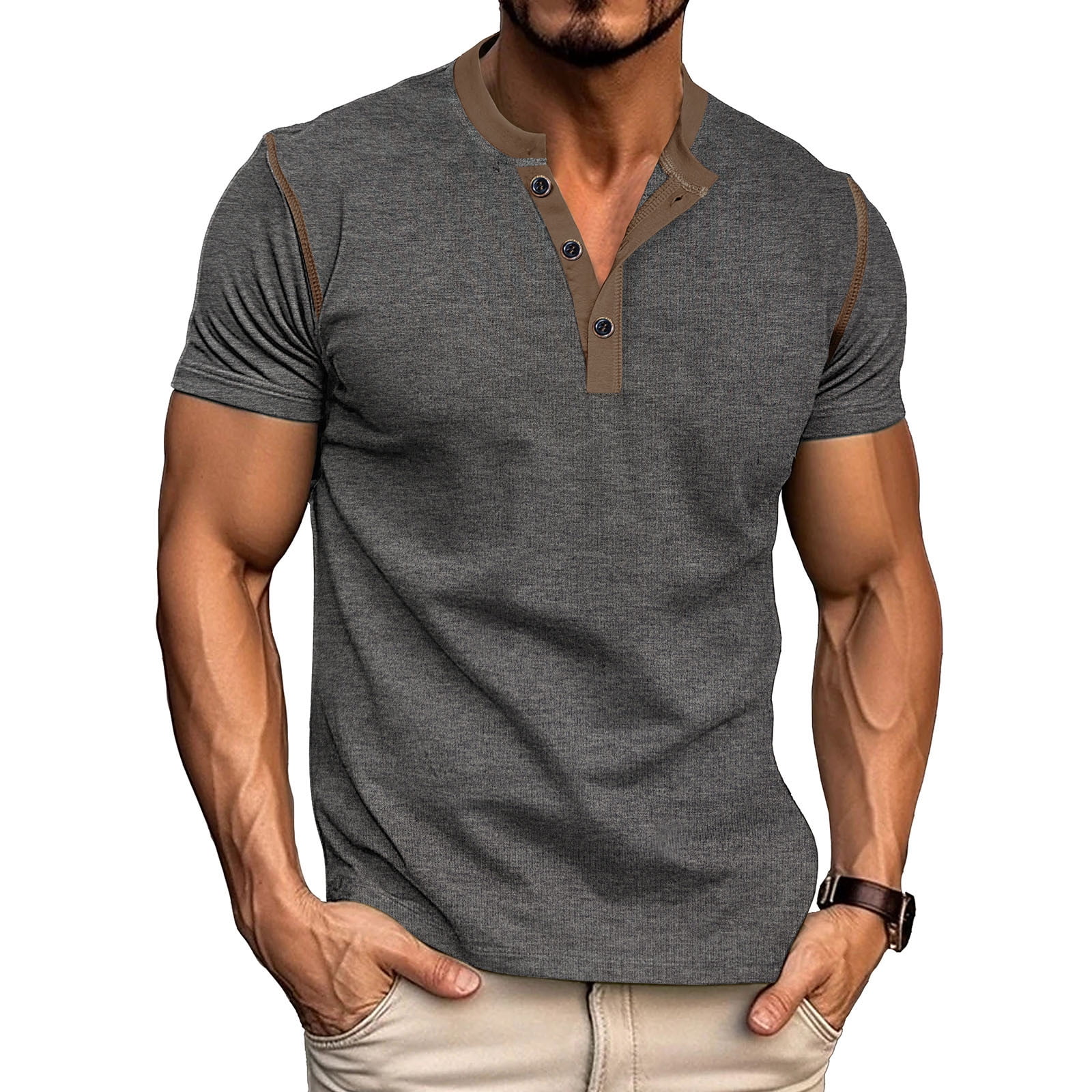 Black T Shirts for Men Fashion Button Solid Patchwork Short Sleeve ...