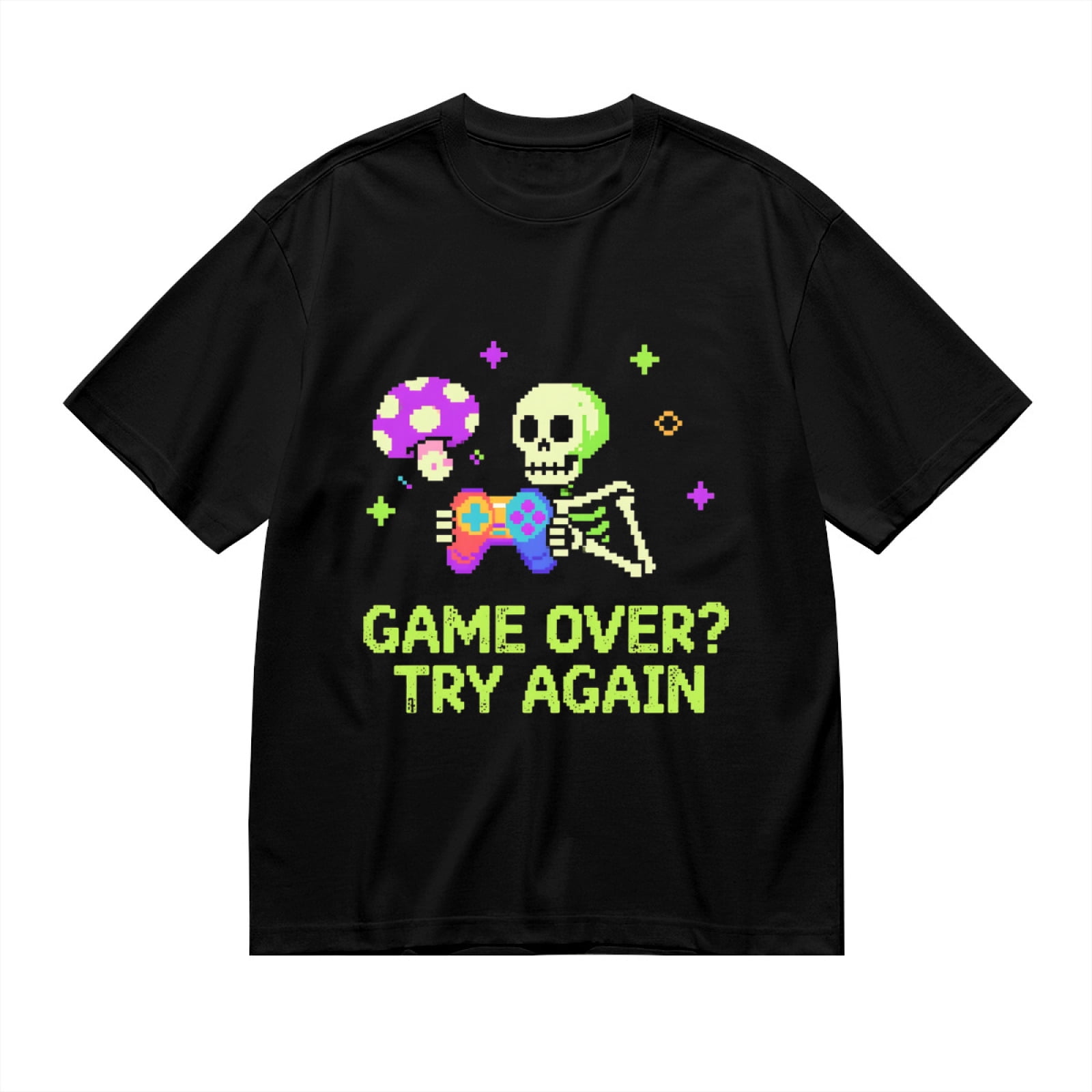 Black T Shirts for Men, Game Over Try Again, Skeleton Print Mens ...