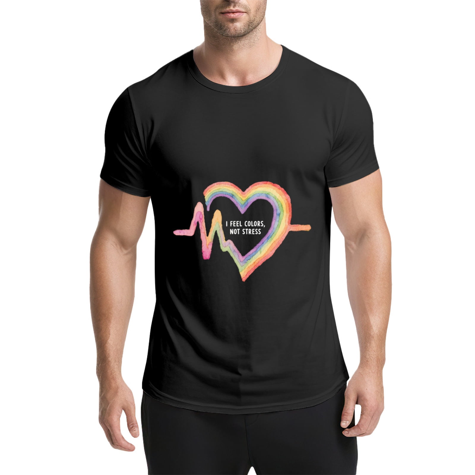 Black T Shirts for Men, Heart, Rainbow, I Feel Colors Not Stress ...
