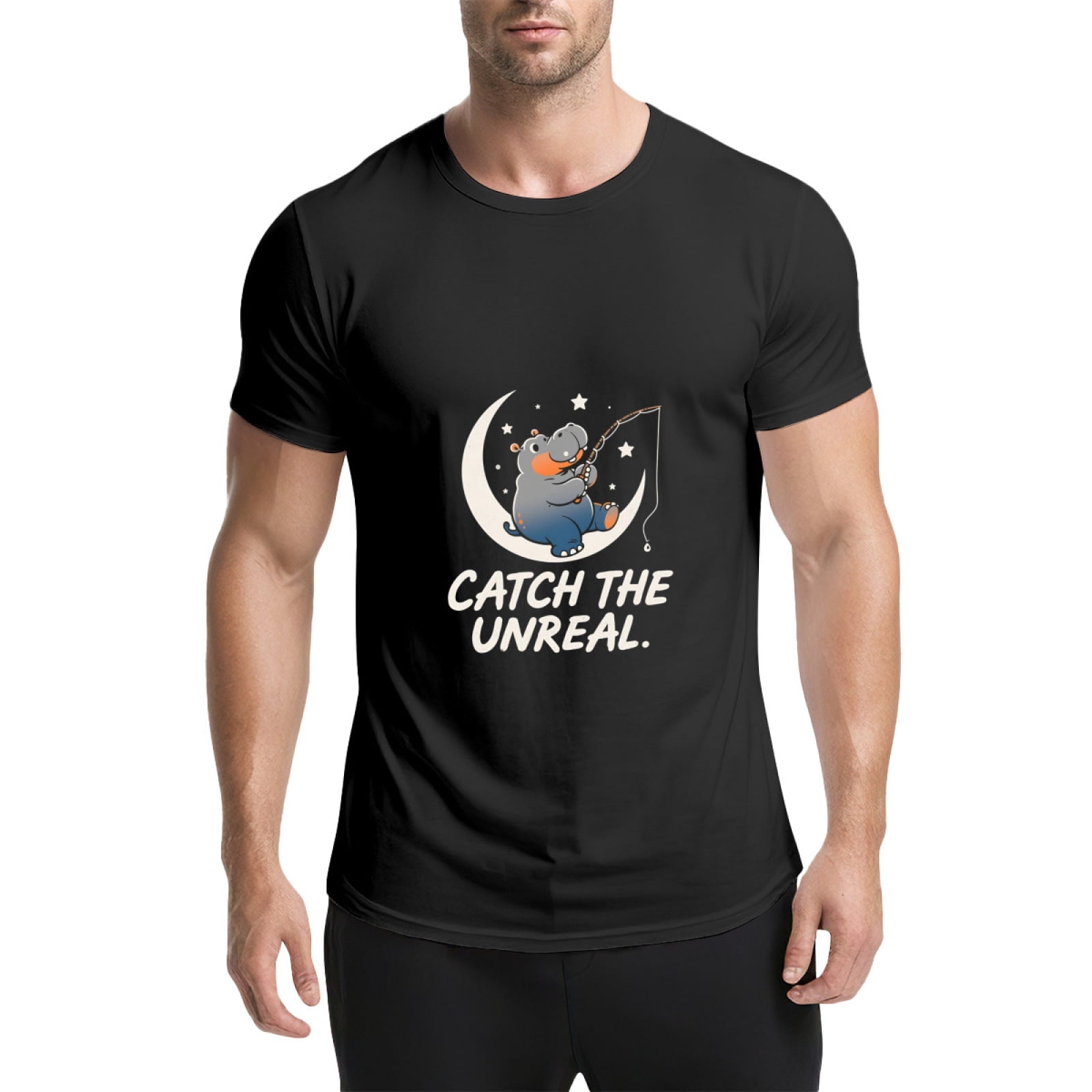 Black T Shirts for Men, Hippo, Moon, Fishing, Catch The Unreal Graphic ...