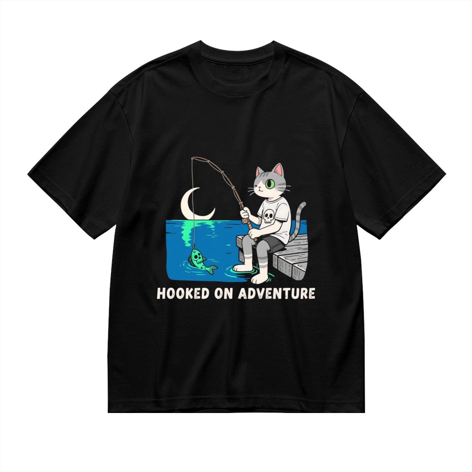 Black T Shirts for Men, Hooked On Adventure, Cat Print 1 Mens Graphic Tees, 24013940,3XL ...