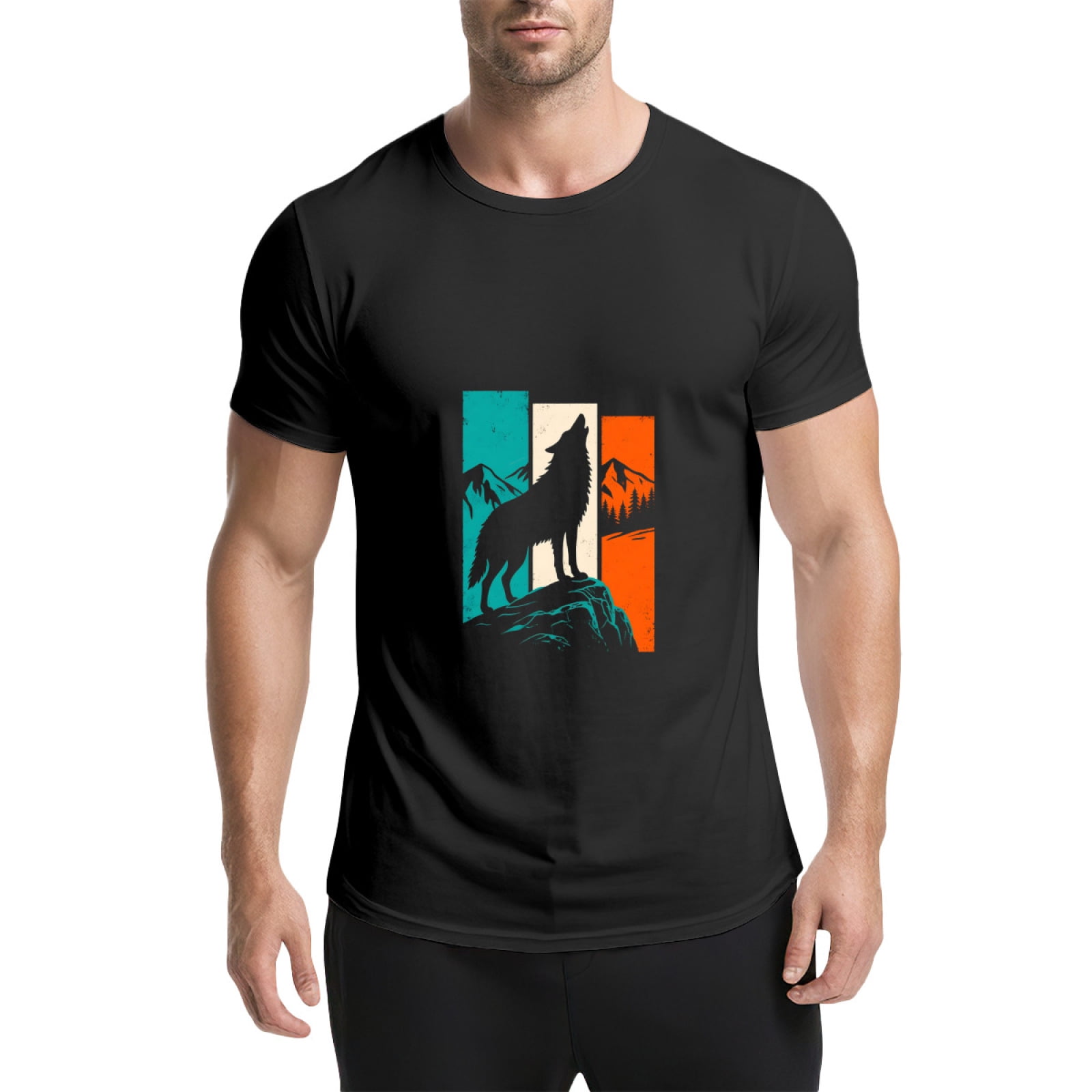 Black T Shirts for Men, Howling Wolf,Mountains,Retro Landscape,Graphic ...