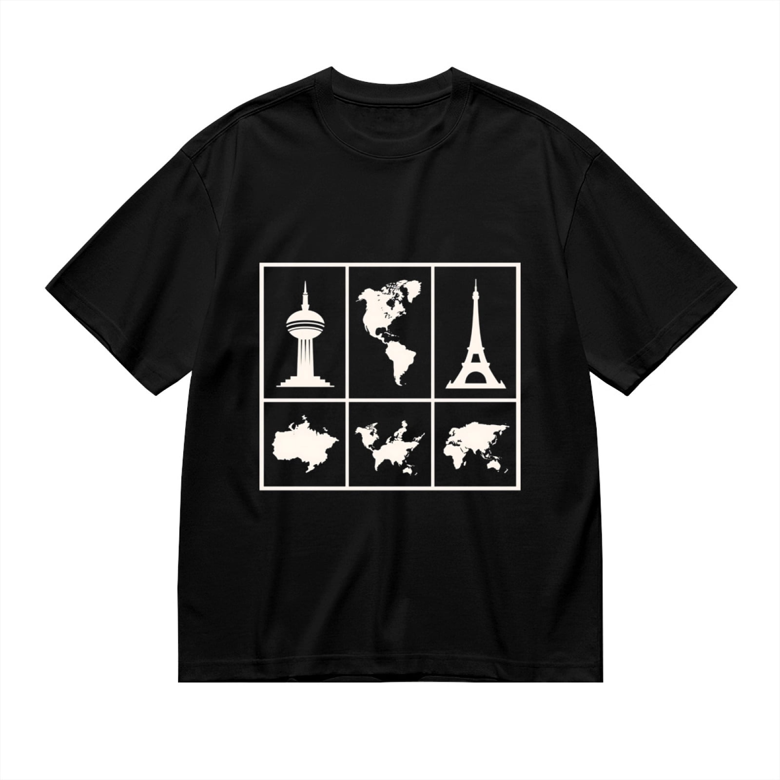 Black T Shirts for Men, Landmarks, World Map, Silhouette Graphic Mens ...