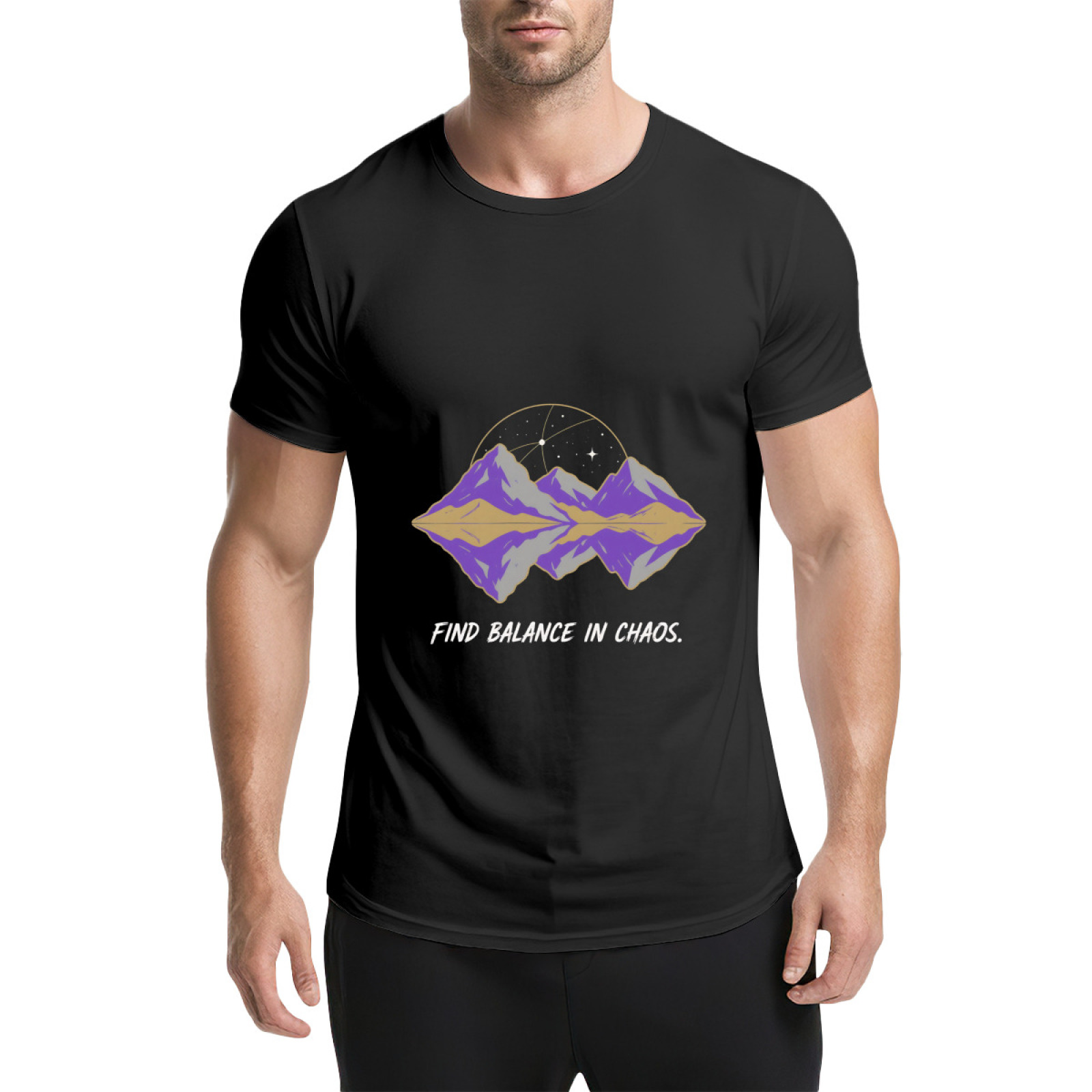 Black T Shirts for Men, Mountain, Stars, Find Balance In Chaos Graphic ...