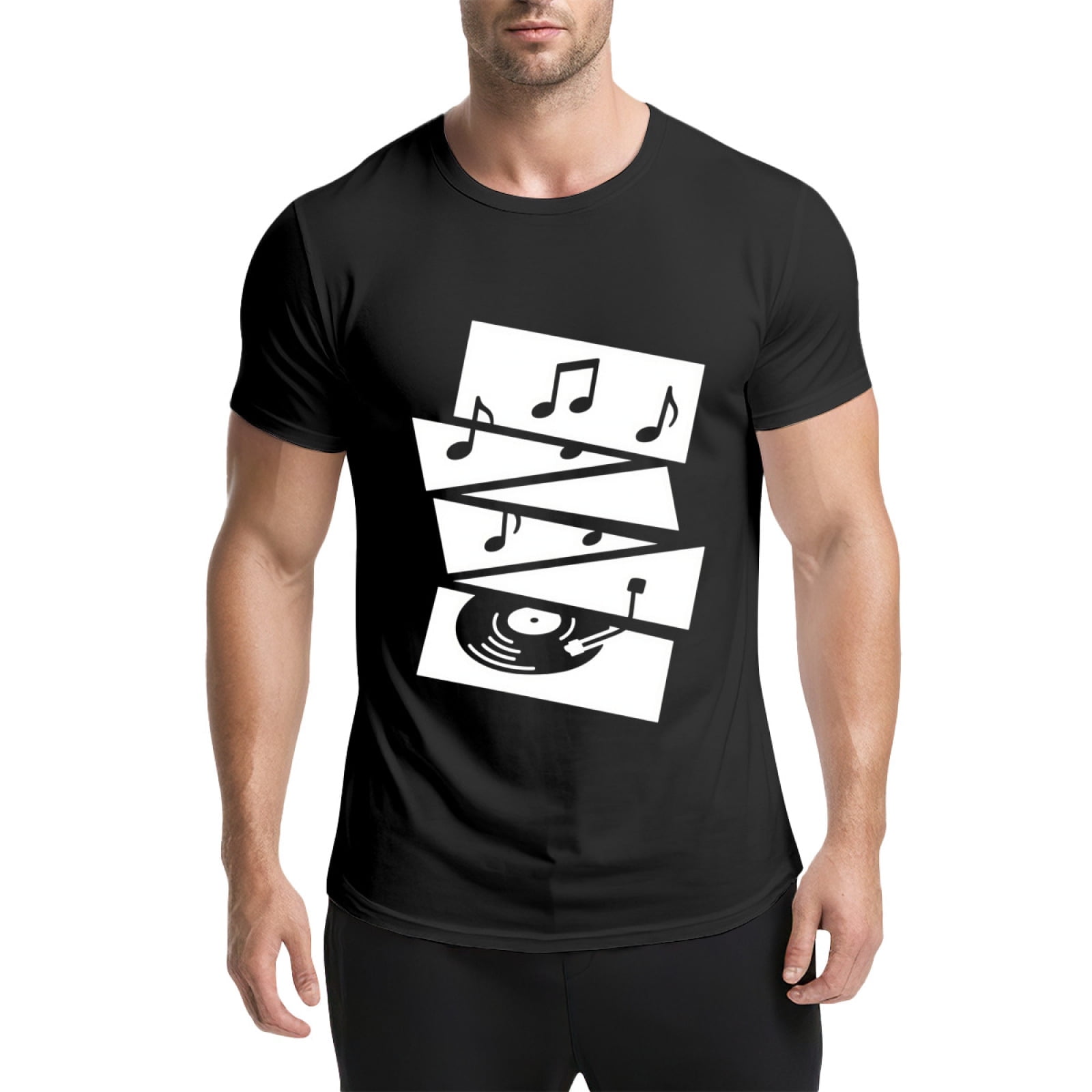 Black T Shirts for Men, Music Elements,Notes,Vinyl Record,Graphic Mens ...