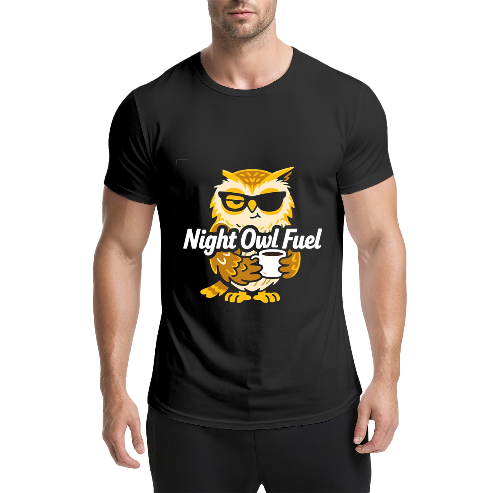 Black T Shirts for Men, Owl, Coffee Cup, Night Owl Fuel Graphic Mens ...