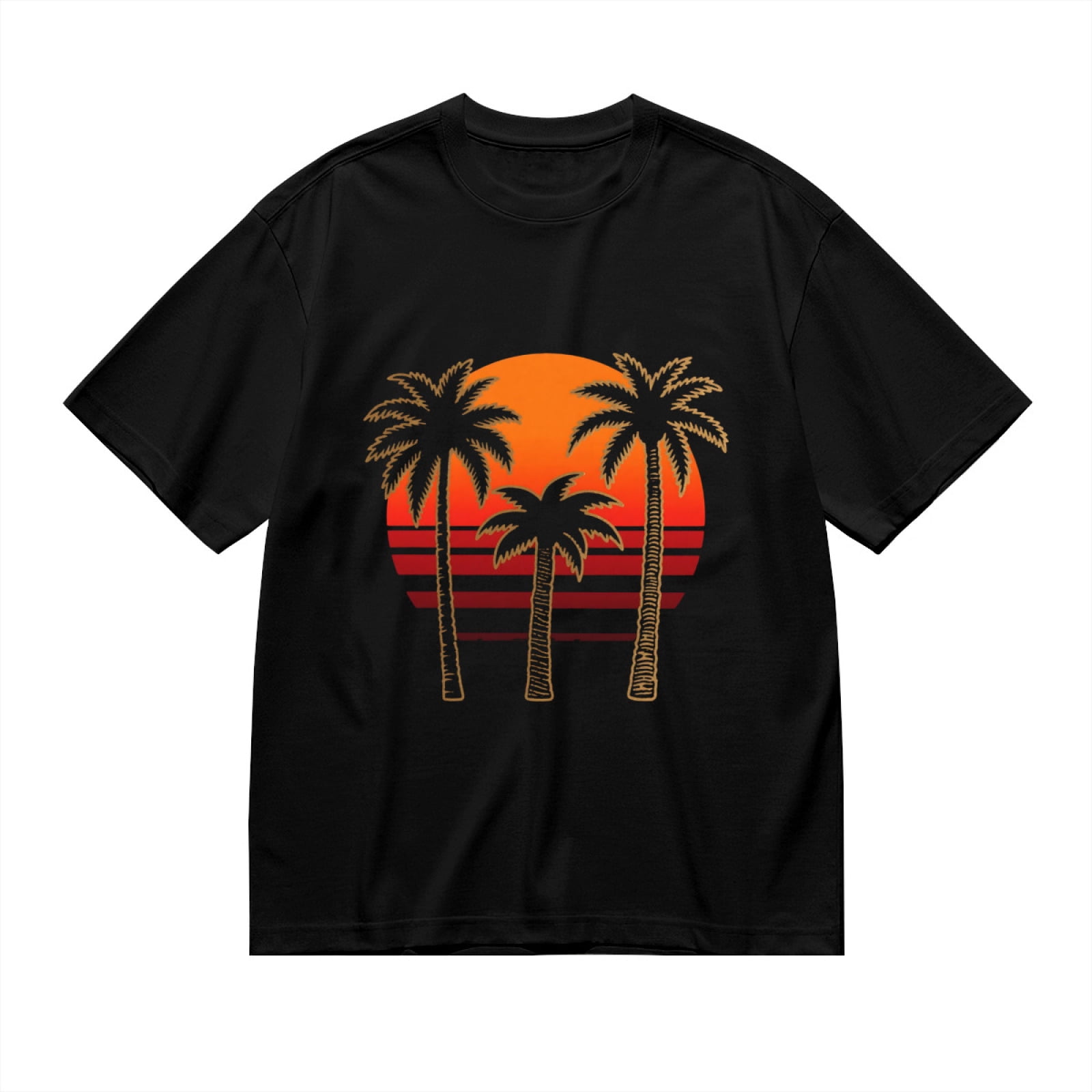 Black T Shirts for Men, Palm Tree, Tropical Sunset, Golden Outline ...