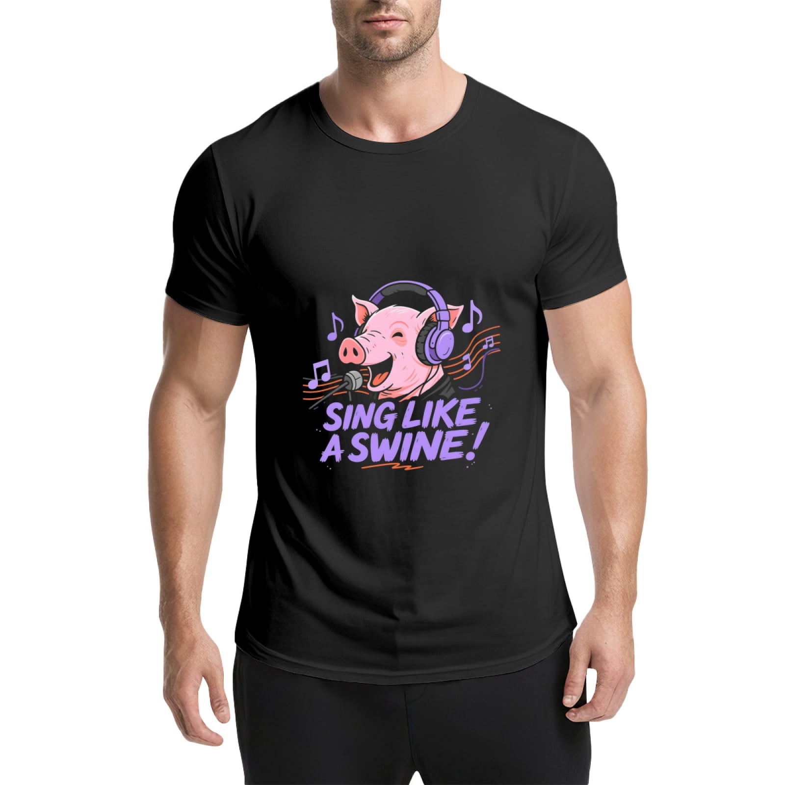Black T Shirts for Men, Pig,Headphones,Microphone,Sing Like A Swine ...