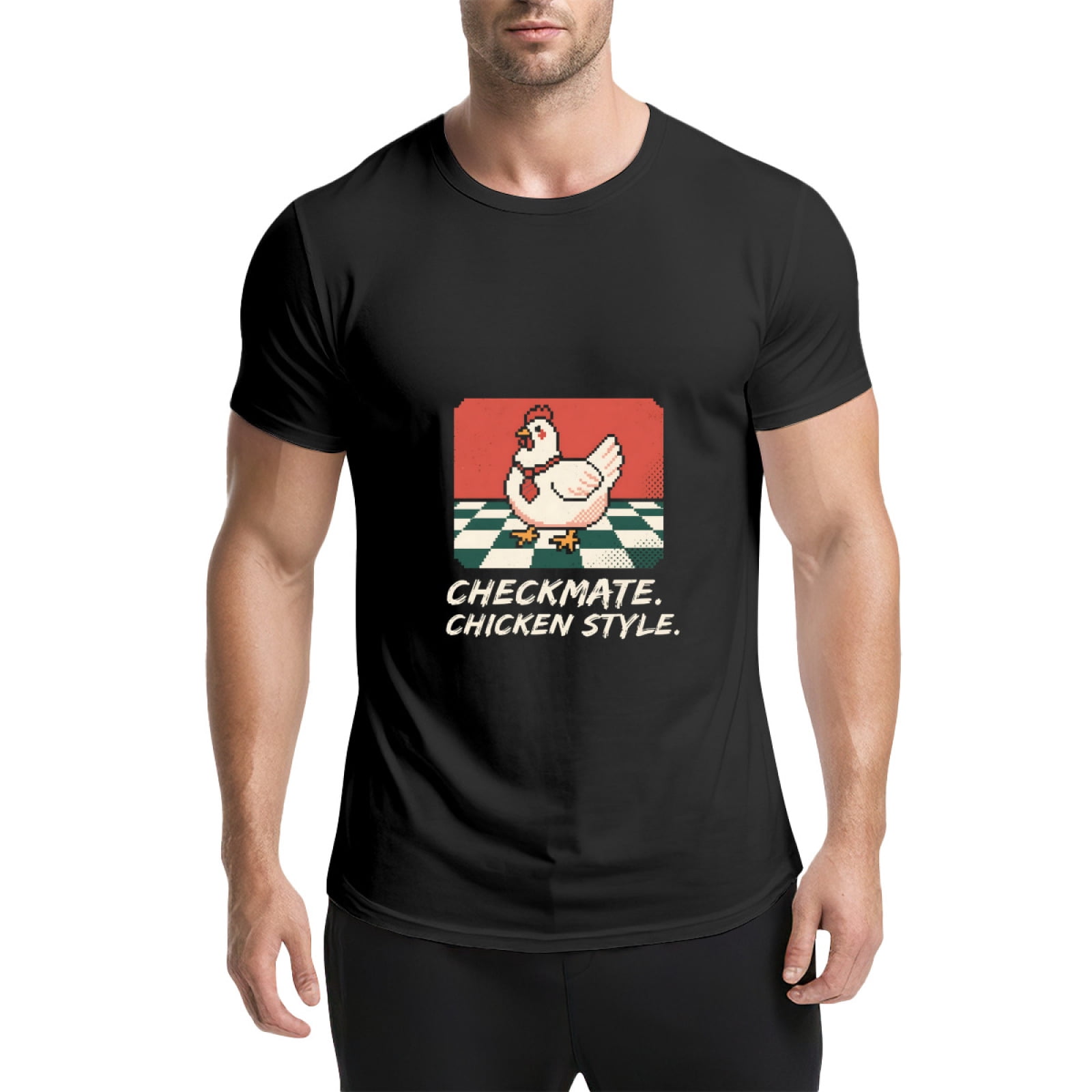 Black T Shirts for Men, Pixel Rooster, Checkmate Chicken Style Graphic ...