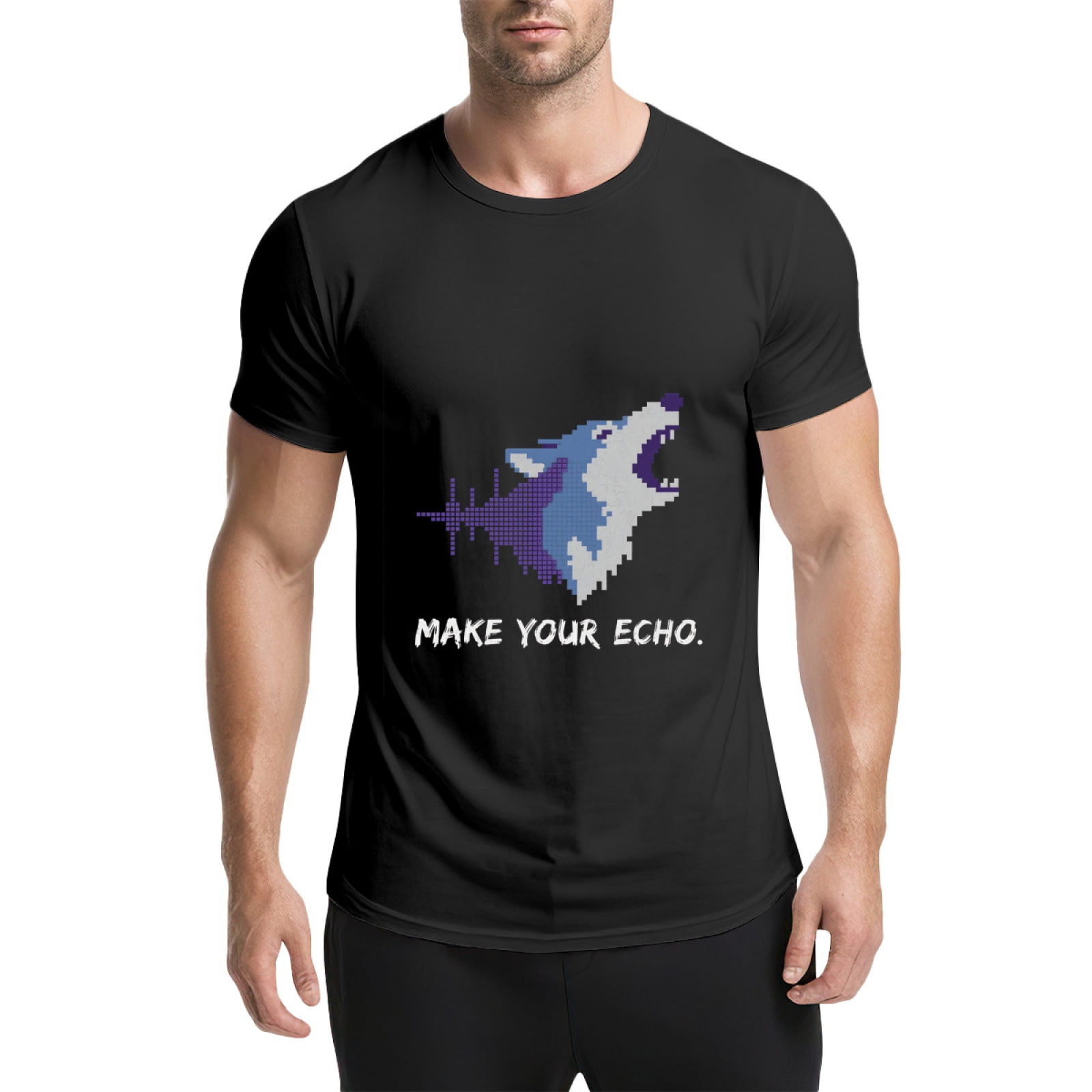 Black T Shirts for Men, Pixel Wolf, Howling, Sound Waves, Make Your Echo Graphic Mens Graphic ...