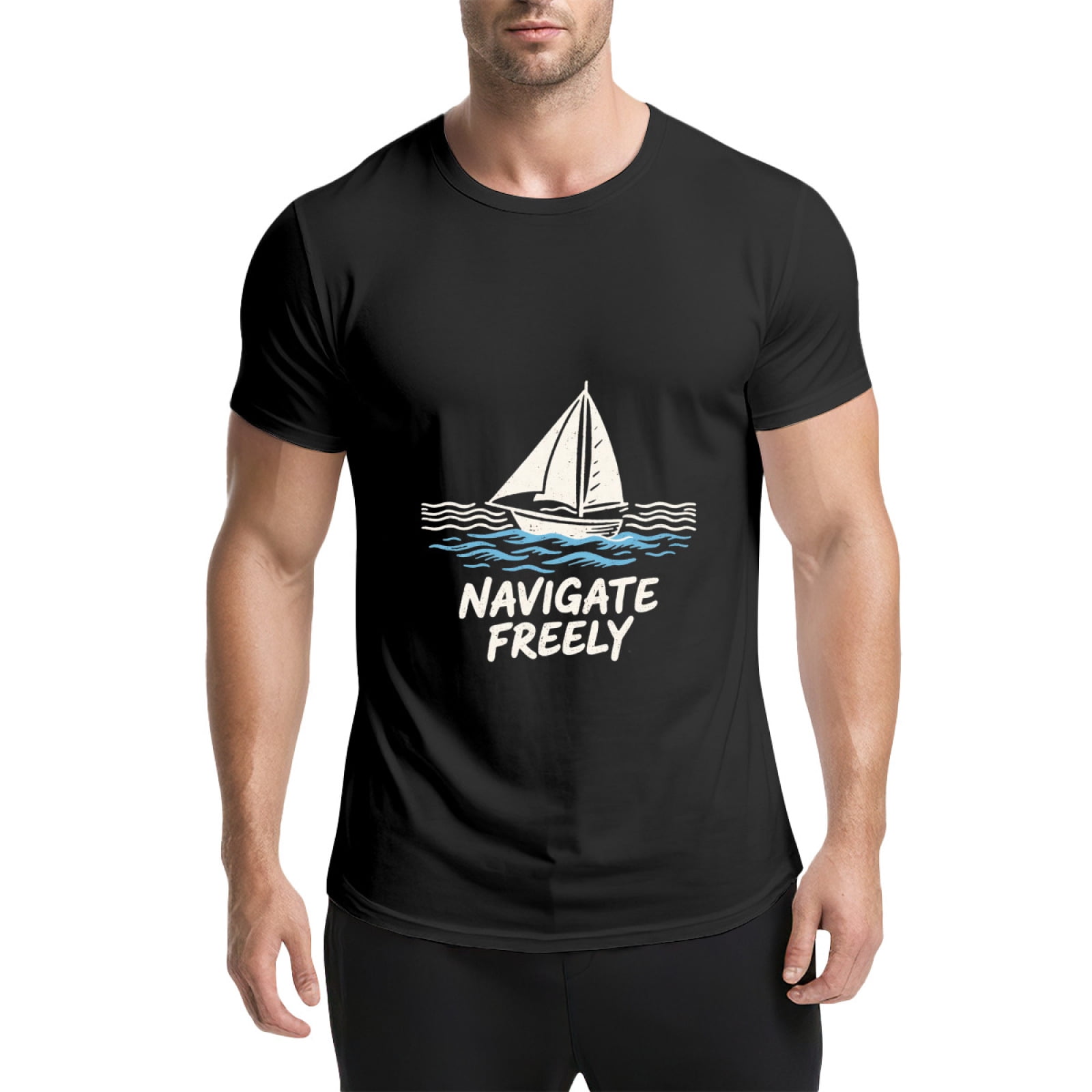 Black T Shirts for Men, Sailboat, Navigate Freely Graphic Mens Graphic ...