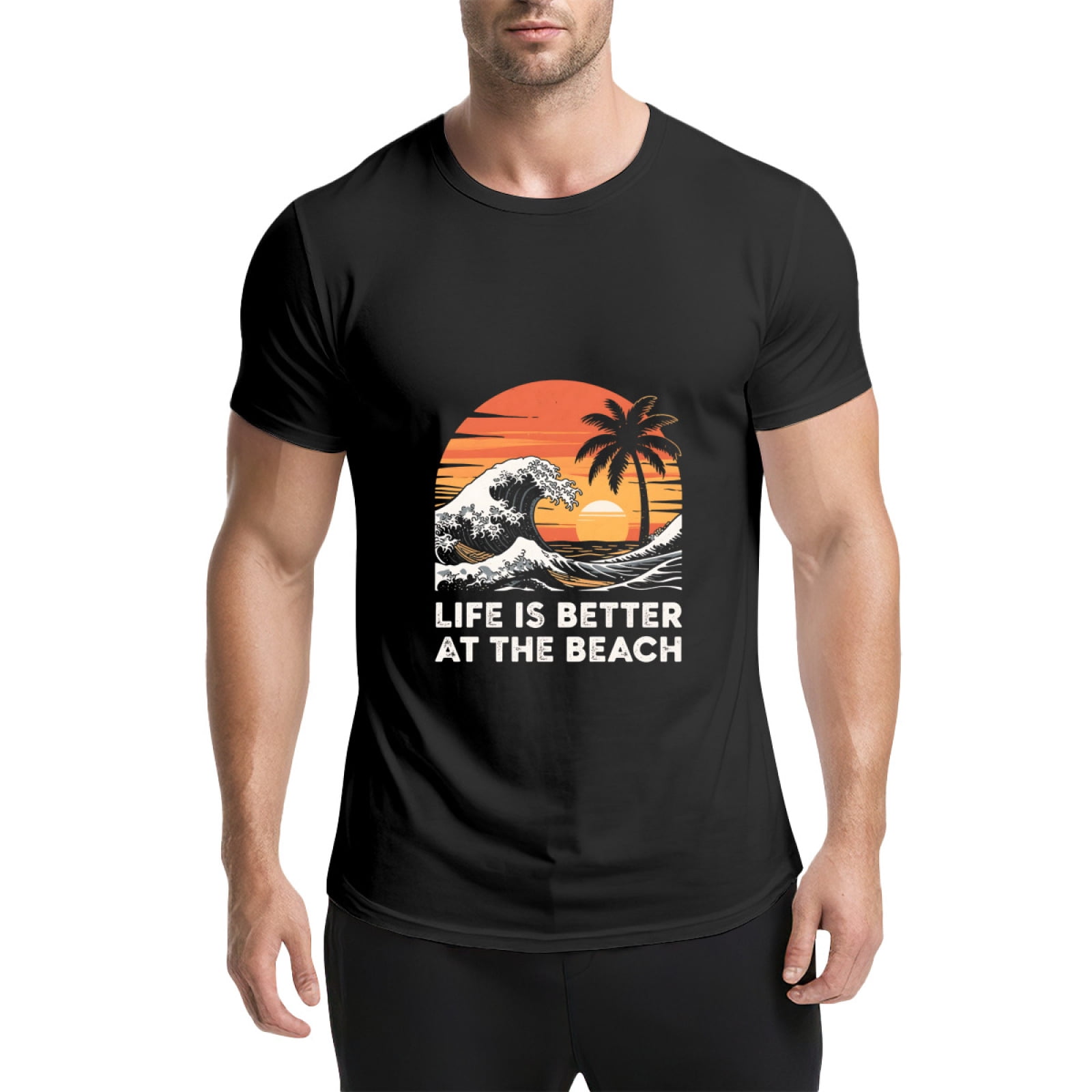 Black T Shirts for Men, Sunset, Wave, Palm Tree, Life Is Better At The ...