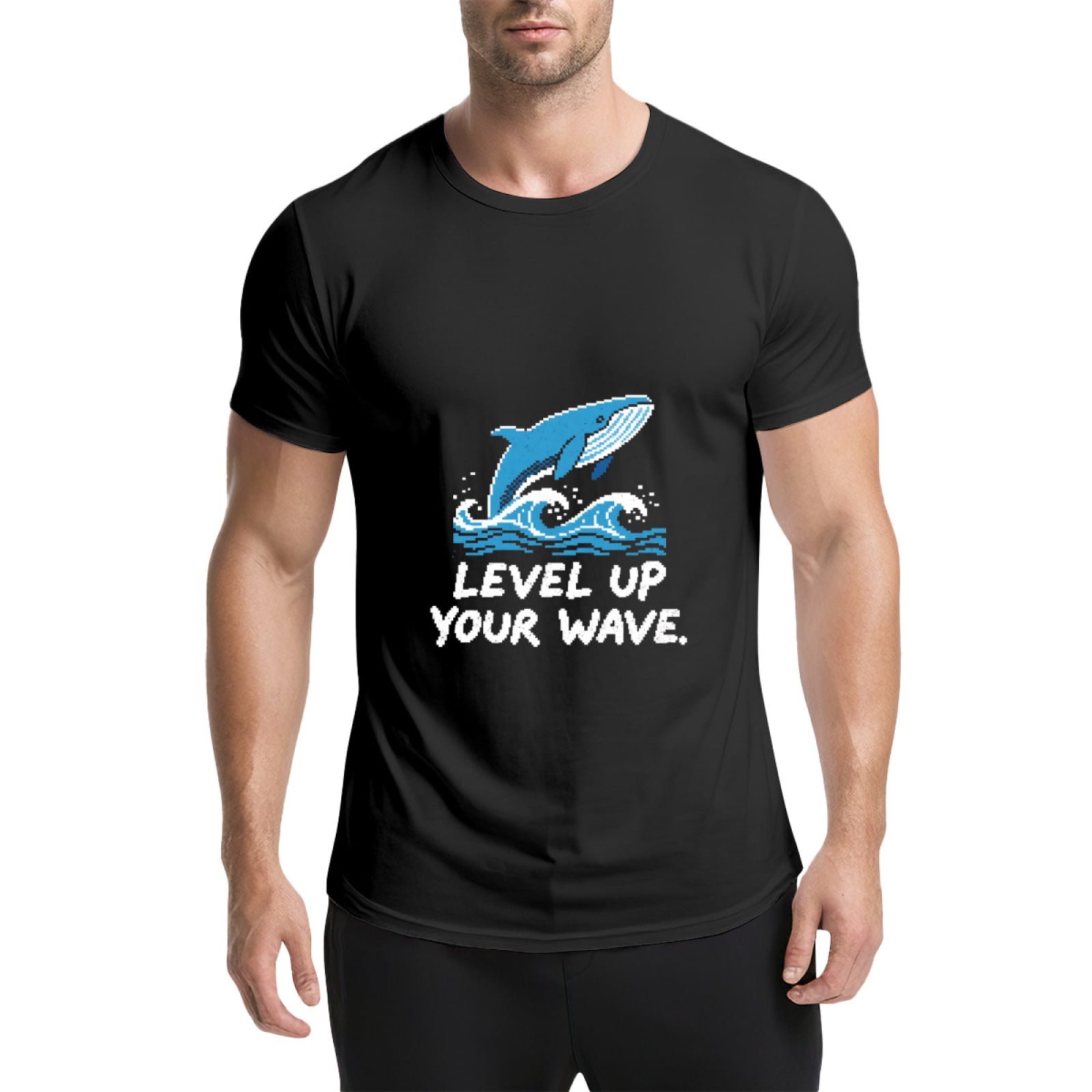 Black T Shirts for Men, Whale, Waves, Level Up Your Wave Graphic Mens Graphic Tees, 25061532,M ...