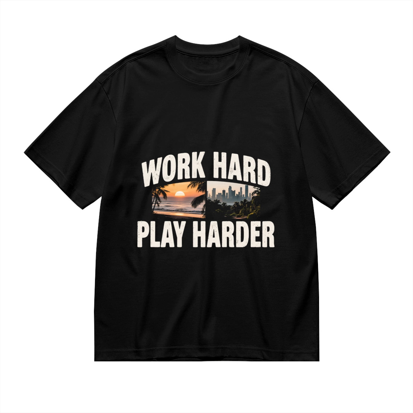 Black T Shirts for Men, Work Hard Play Harder, Sunset Palm Print 1 Mens ...