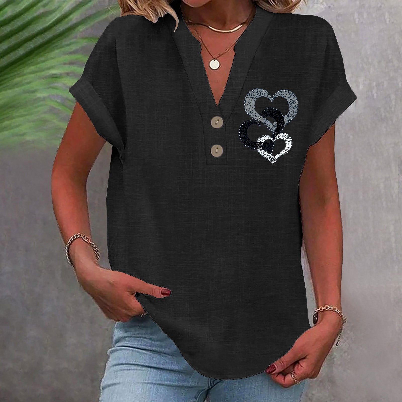 Black T Shirts for Women's Fashion Chain Love Printed Casual V Neck ...