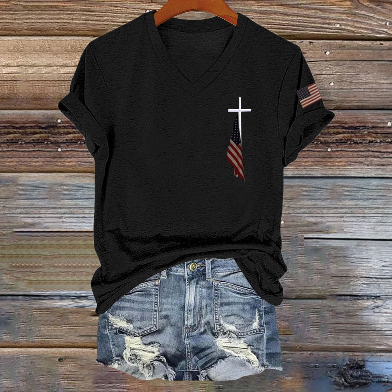 Black T Shirts for Women's Flag Print V Neck Short Sleeve Loose Casual ...