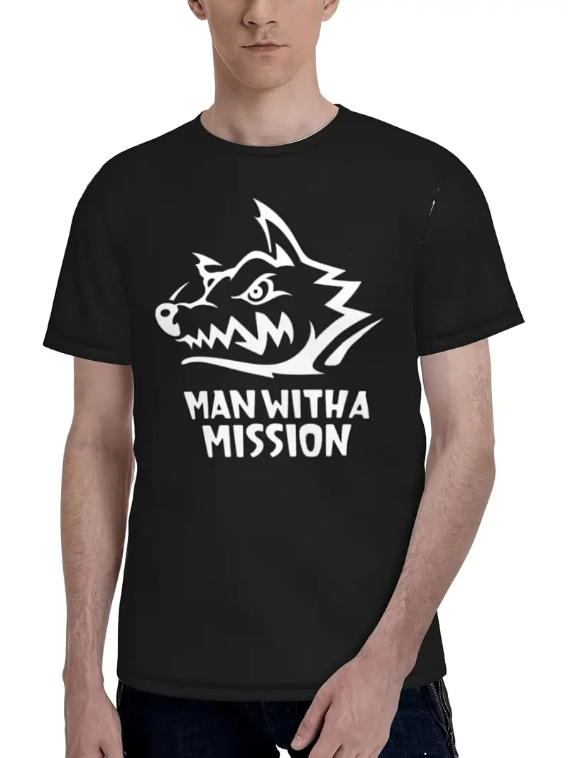 Black T-shirt With Bold White Graphics And Phrases Of 'Man With Mission'., Print T-shirt 100% ...