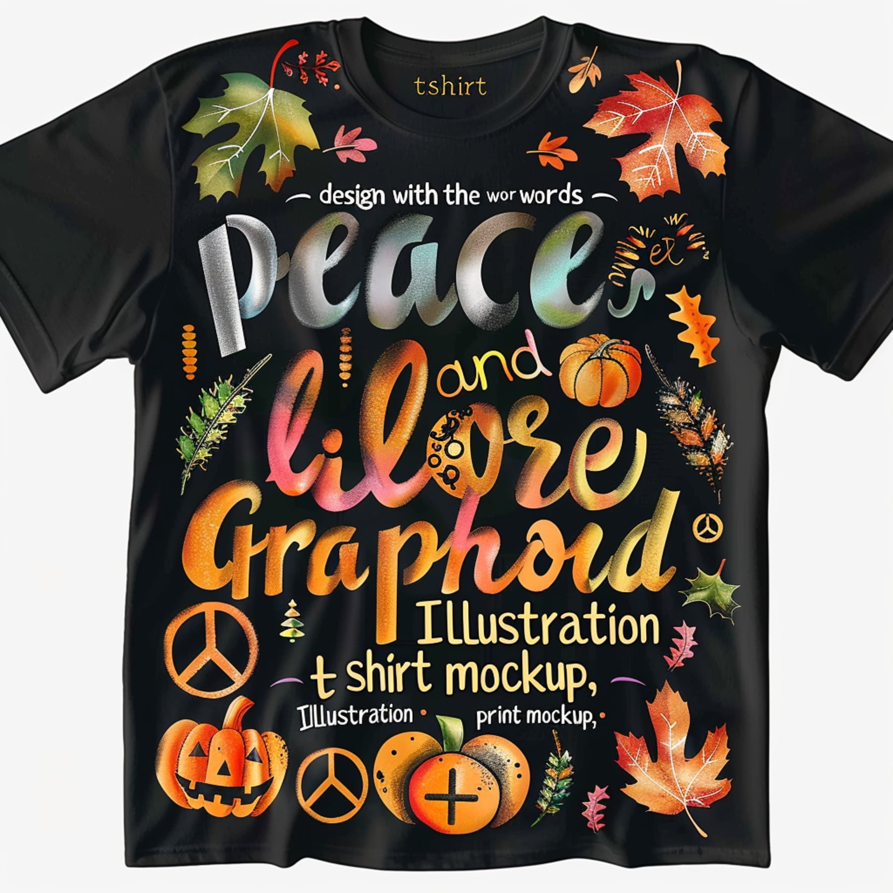 Black TShirt with 'PEACE Love Frost' Design Pumpkins Leaves Peace Signs ...