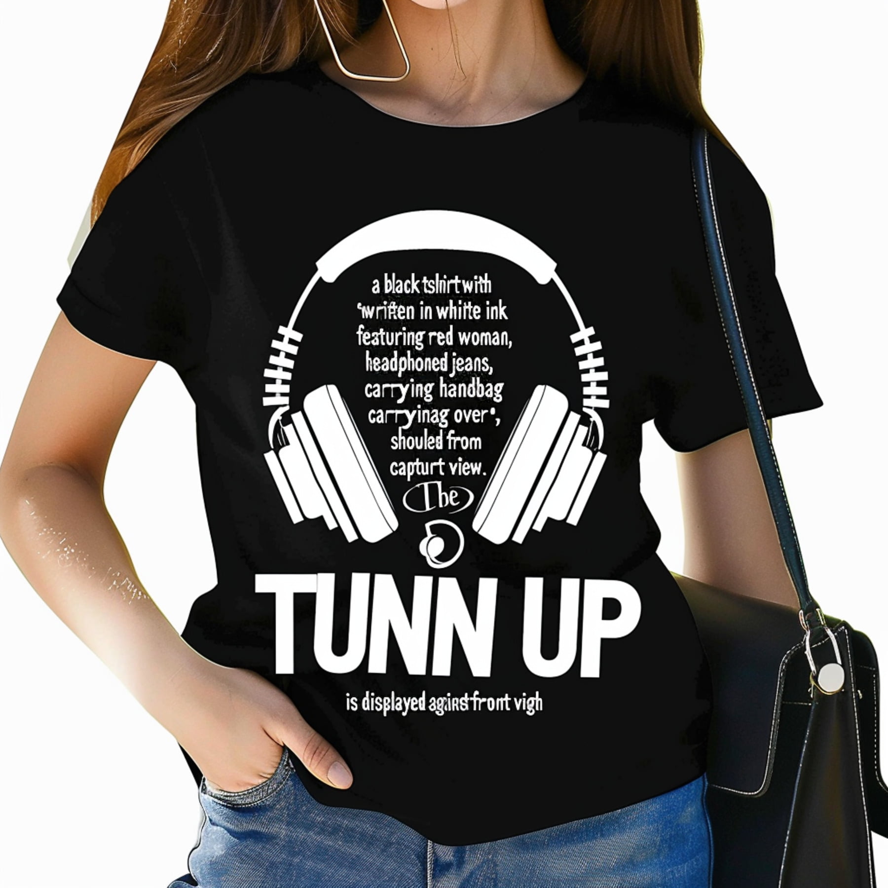 Black TShirt with 'TURNT UP' Print and Music Elements Worn by ...