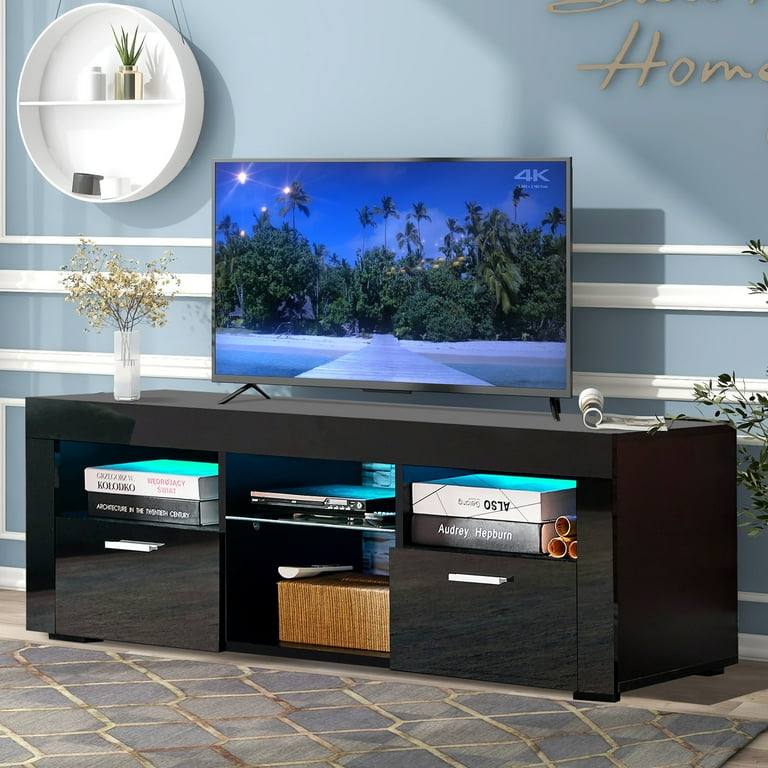 Black TV Cabinet for 55 inch TV High Gloss Entertainment Center television Stand with 20 Colors LED Lights Storage Drawers and Media Shelf Modern