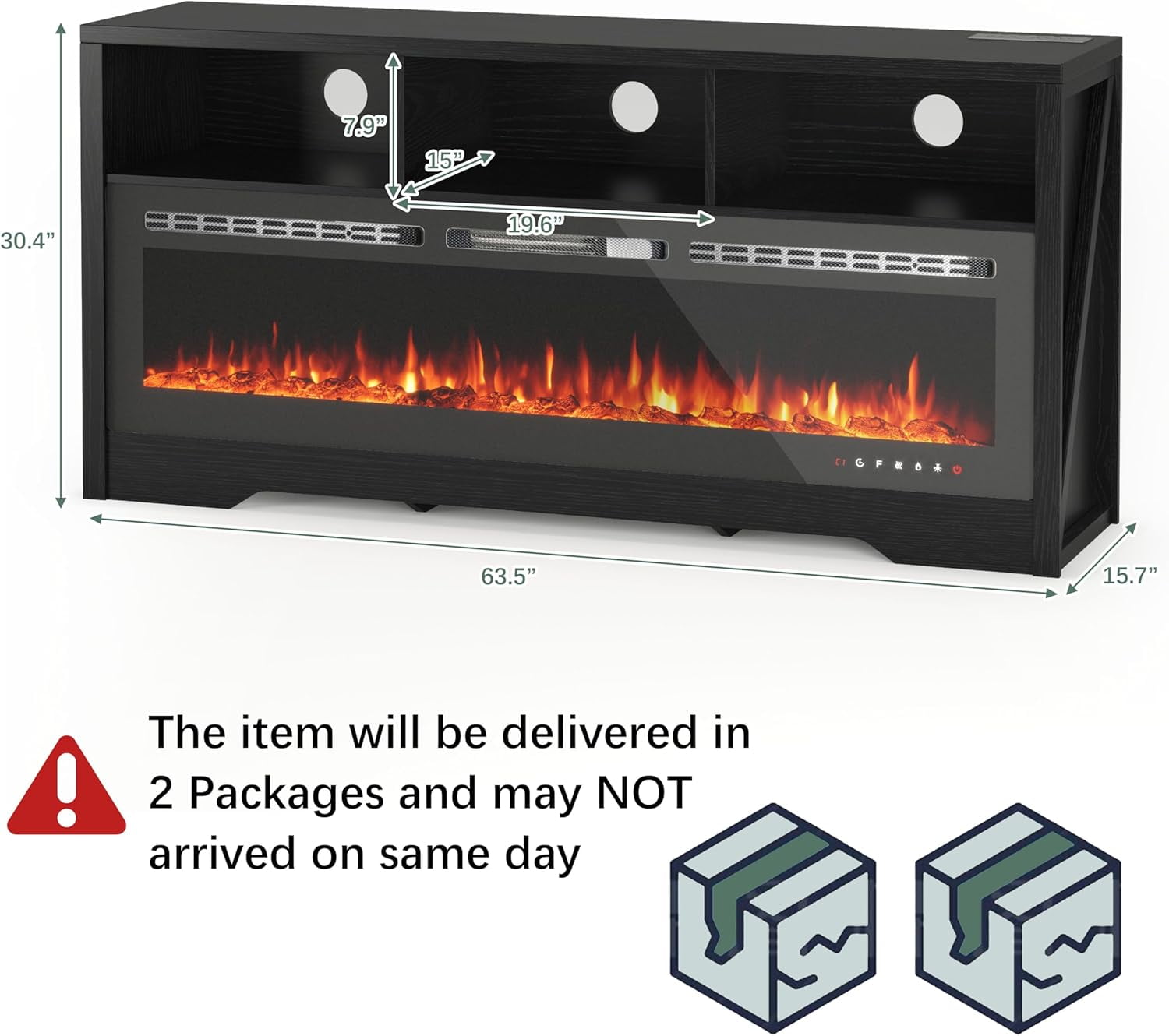 Black TV Cabinet with Electric Fireplace, 60" Glass Fire TV Stand, 3 ...