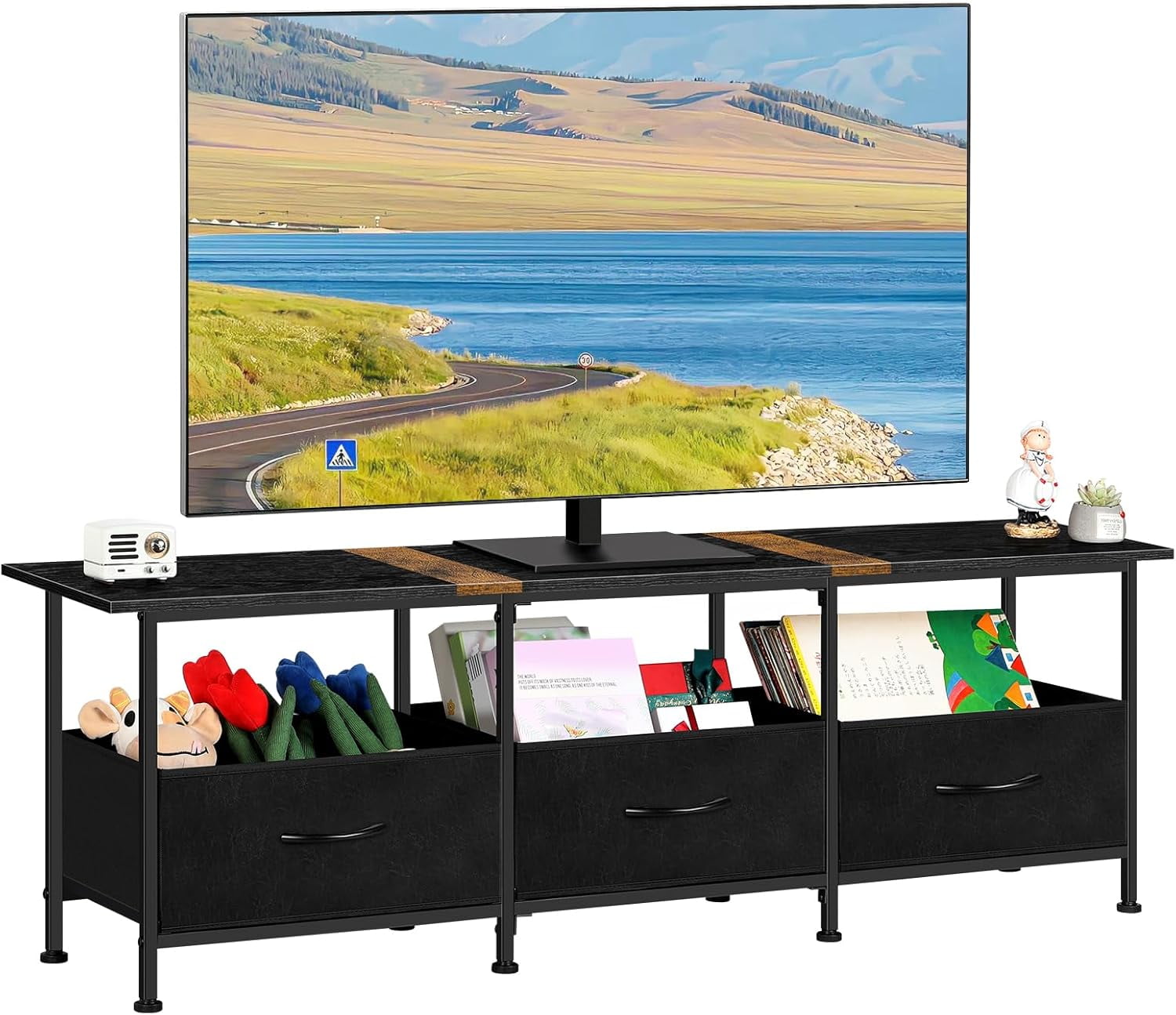 Black TV Consoles Stand for 55 inch, Entertainment Center with 3 Fabric ...