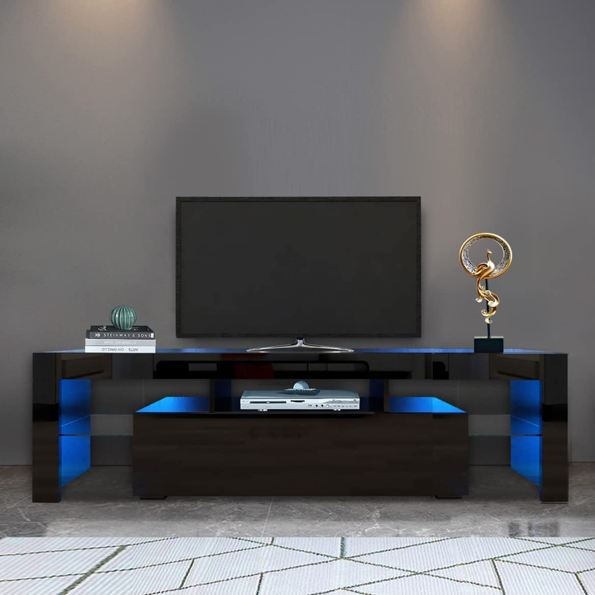 Black TV Stand with 2 Storage and 3 Open Shelves High Gloss LED TV, TV ...