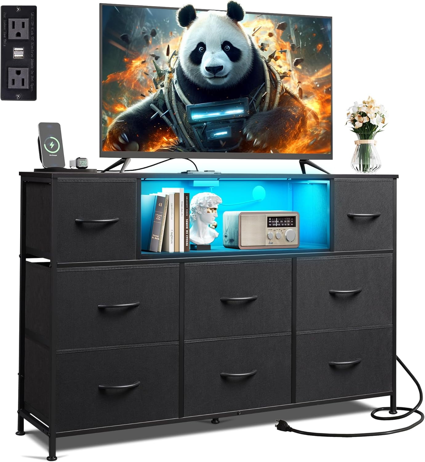 Black TV Stand for 45, 50, 55 inch TV, Entertainment Center with LED ...