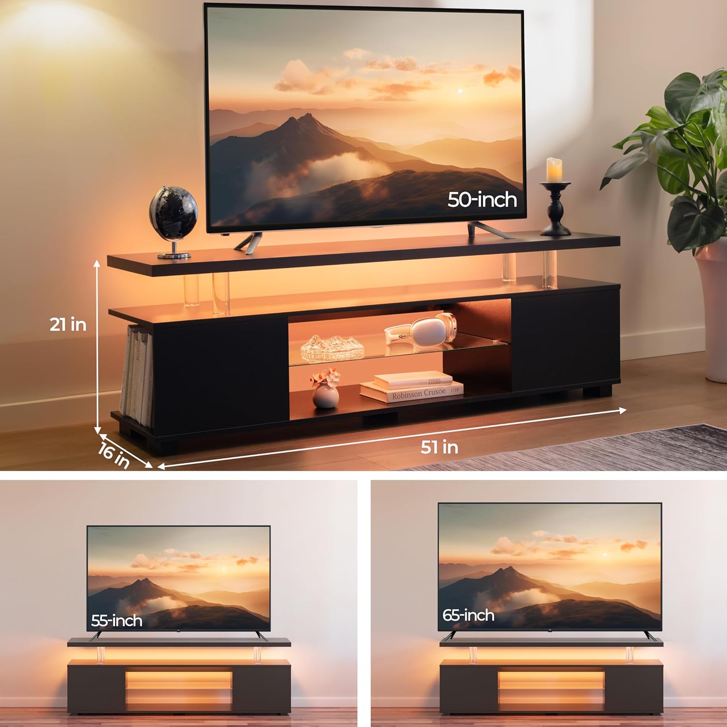 Black TV Stand 65 inch,LED TV Stand for Living Room,Glass Entertainment ...