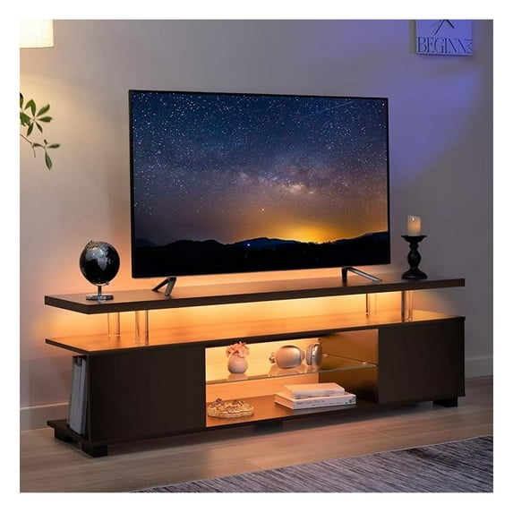 Black TV Stand 65 inch,LED TV Stand for Living Room,Glass Entertainment ...