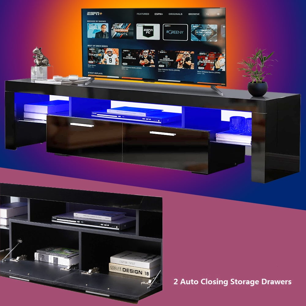 Black TV Stand for TV up to 70", Modern LED Stand Cabinet with 2 ...