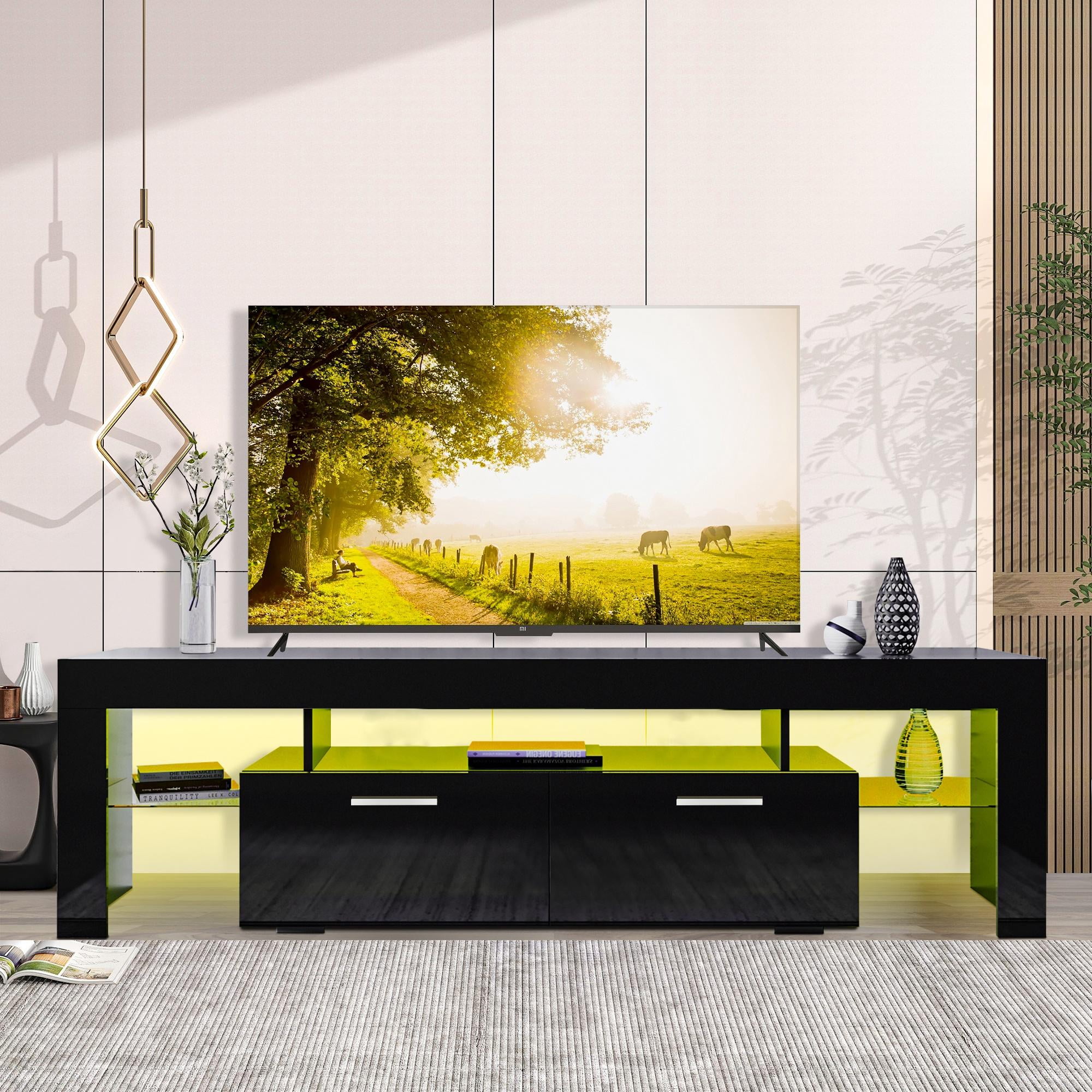 "BTMWAY Modern TV Stand for 75-Inch, Black Glossy Cabinet, 16-Color LED ...