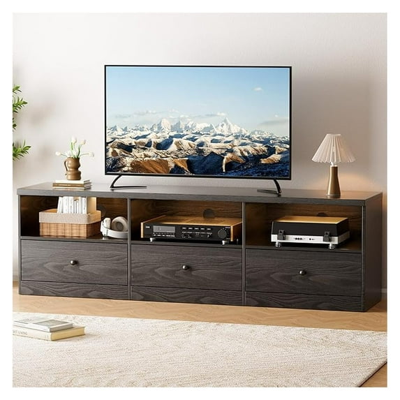 Black TV Stand, Up to 80 Inch TVs, 70-Inch Media Center with Open ...