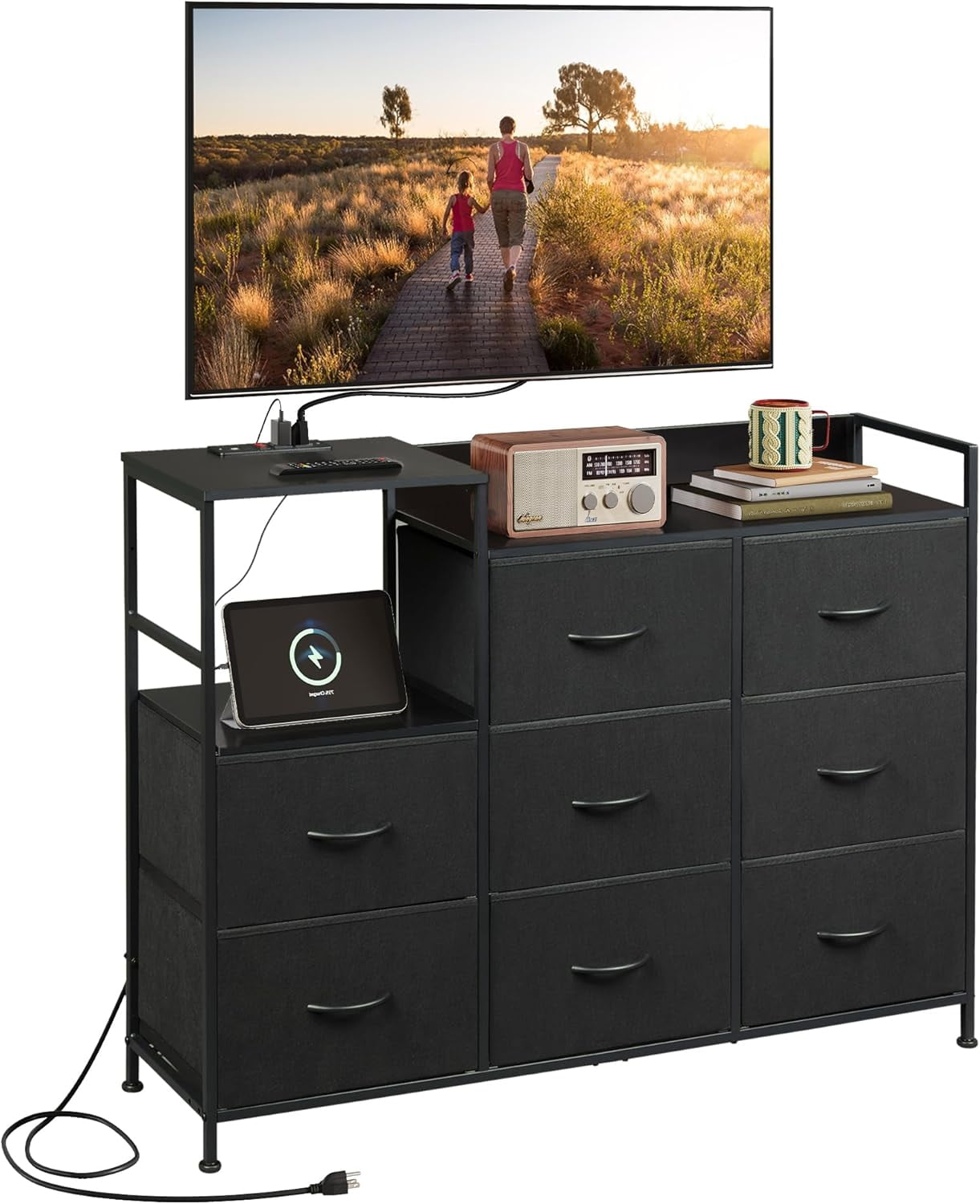 Black TV Stand with Charging Station, Entertainment Center with 8 ...