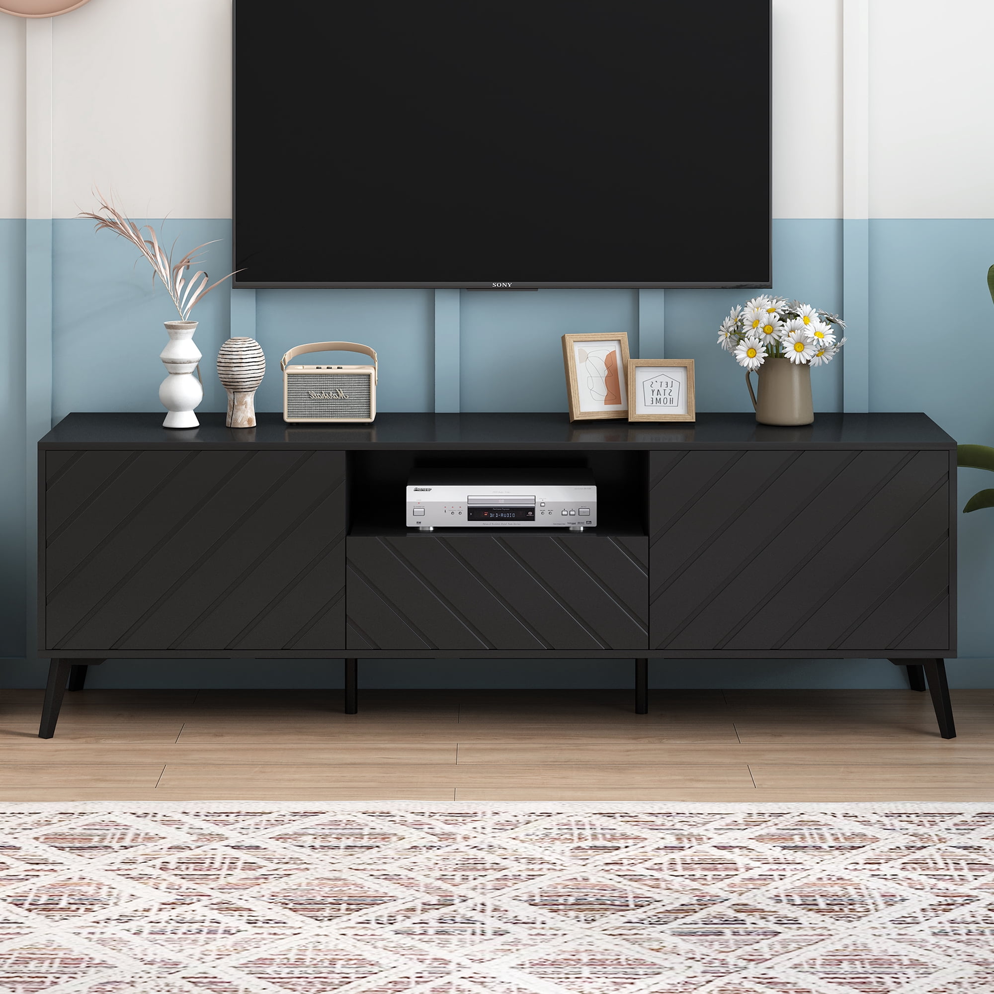 Black TV Stand for TVs up to 70", Modern Television Console, Wood TV ...
