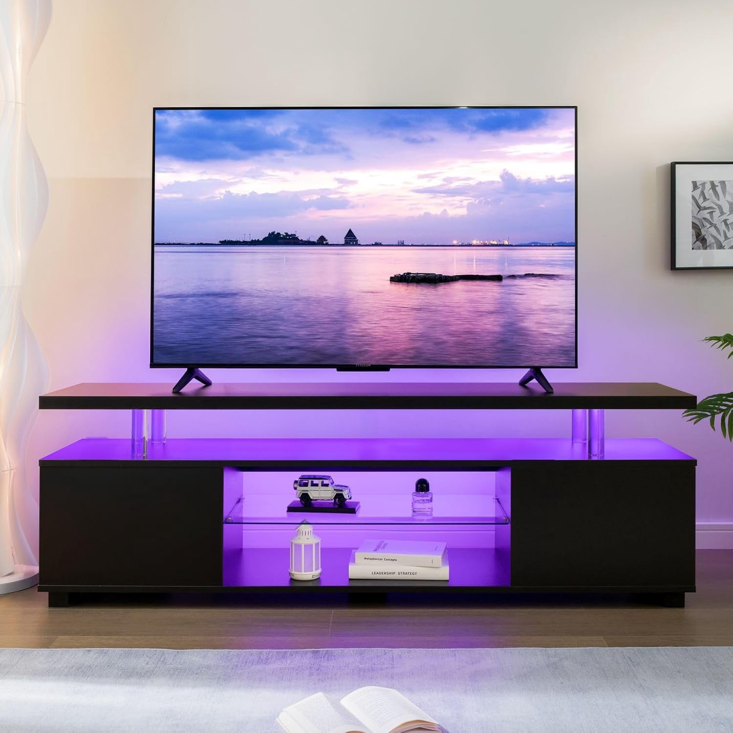 Black TV Stand with LED Lights for 60 65 Inch TV, Modern Entertainment ...