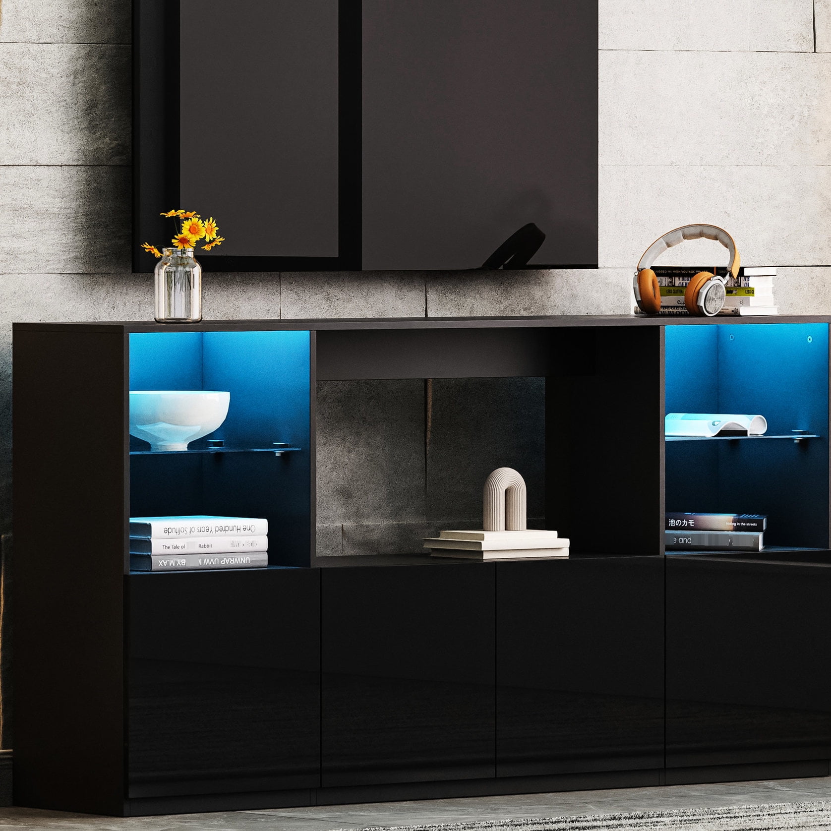 Black TV Stand with LED Strip and 4 Cabinets | Reflective Surface for ...