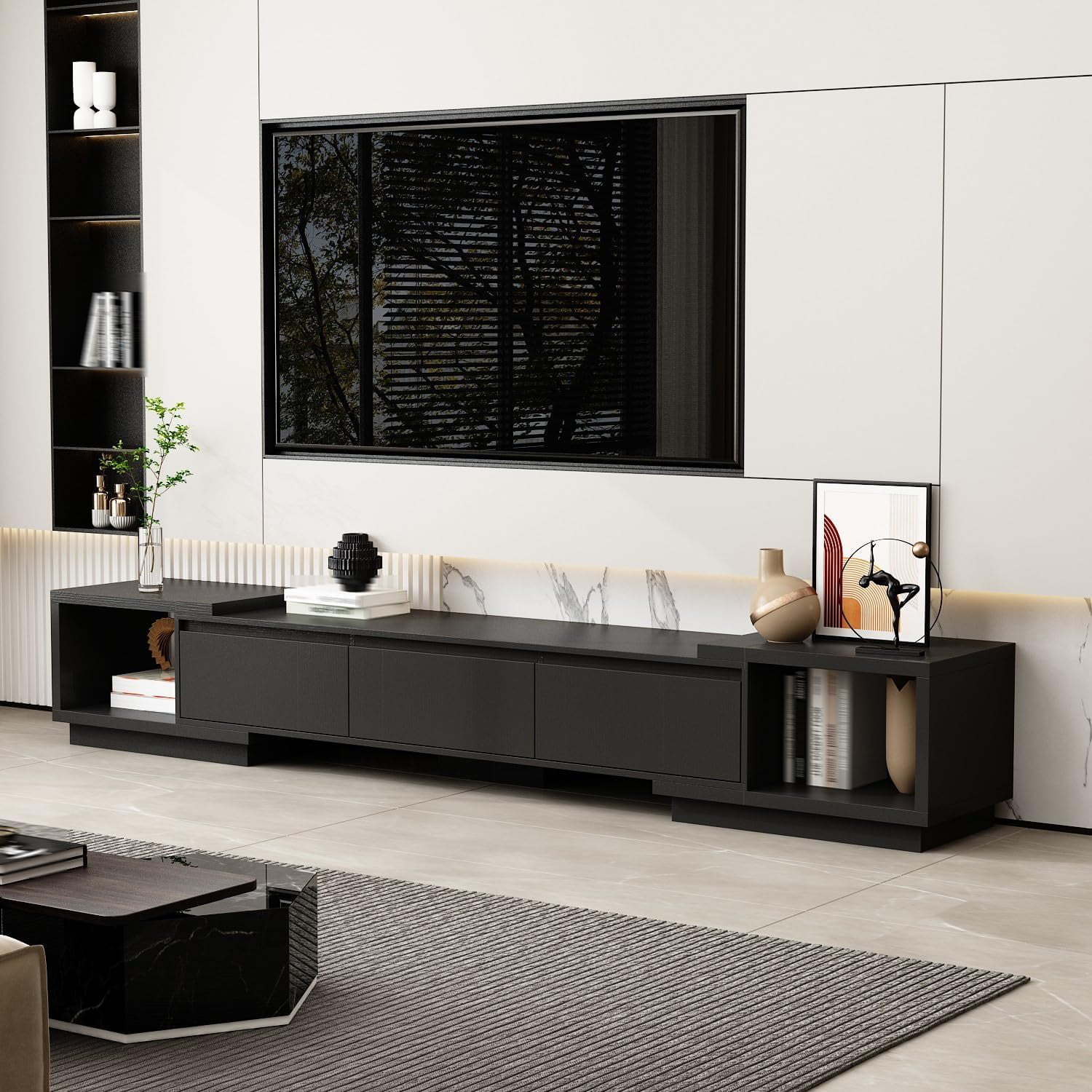 Black TV Stands for Living Room, Extendable Under TV Table Stand ...