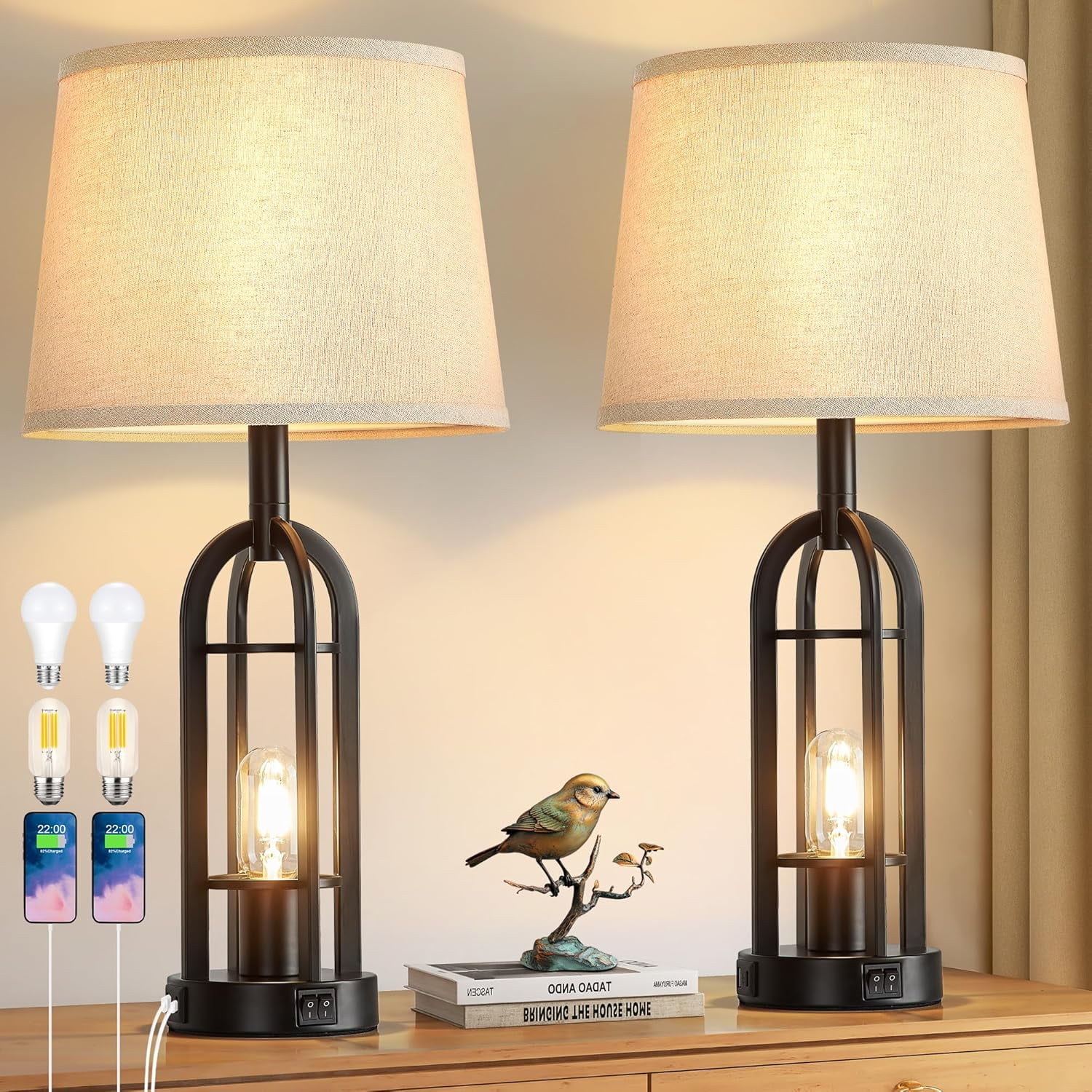 Black Table Lamps for Living Room Set of 2 - Farmhouse Lamps for Night ...